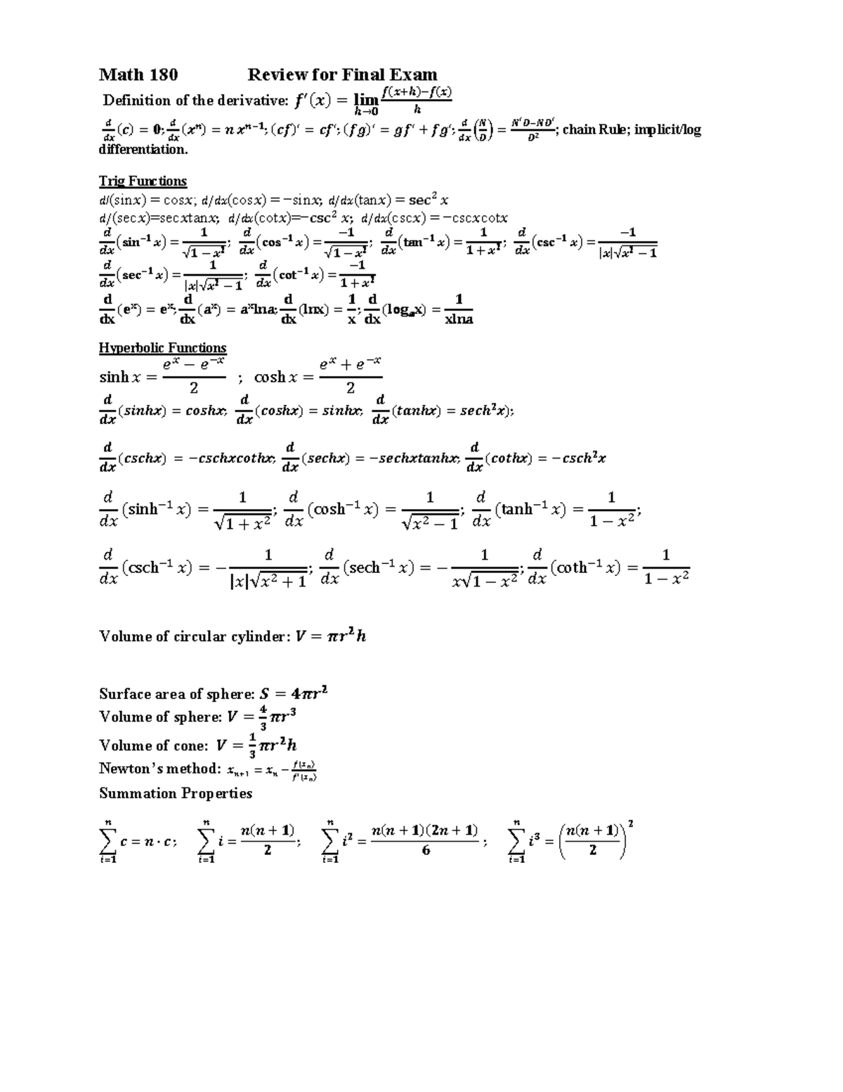 Math 180 Review Final Exam-M - Math 180 Review for Final Exam Definition of the derivative: 𝒇𝒇 ...