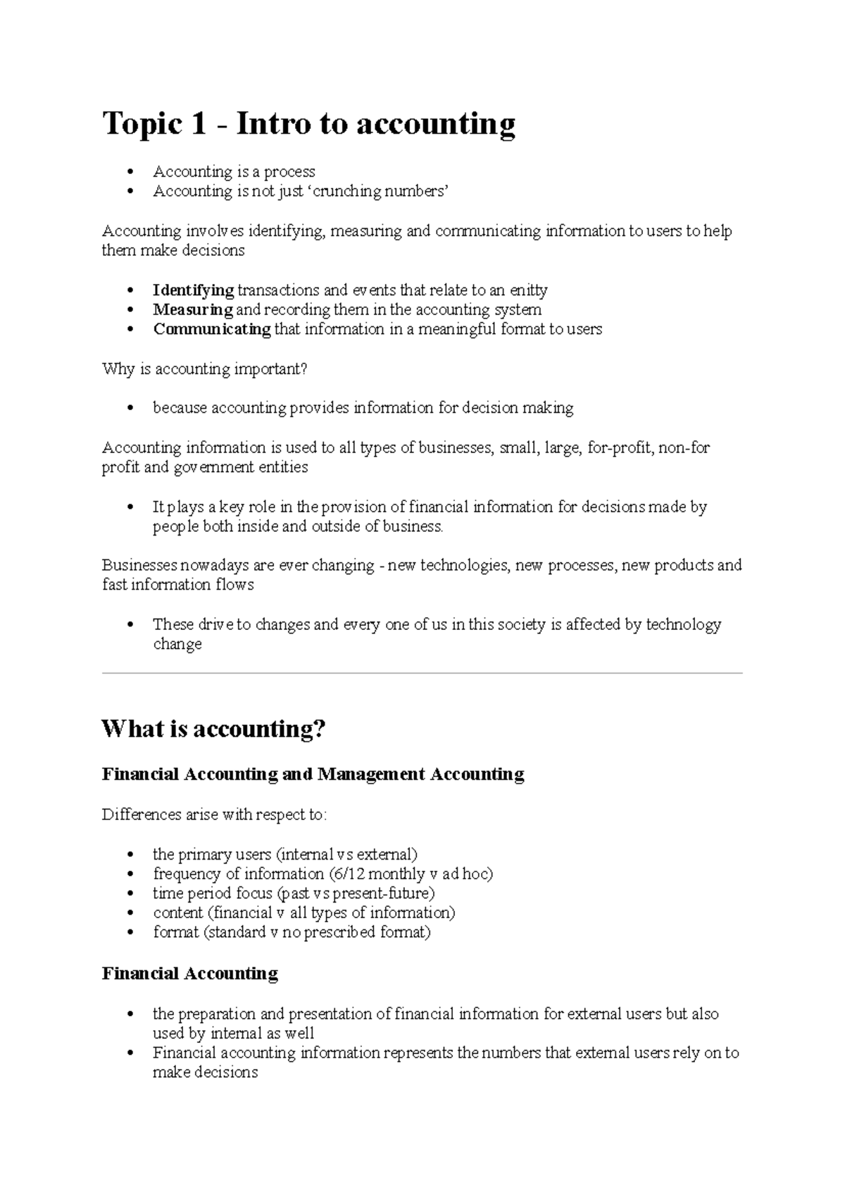 Notes accounting - Topic 1 - Intro to accounting Accounting is a ...