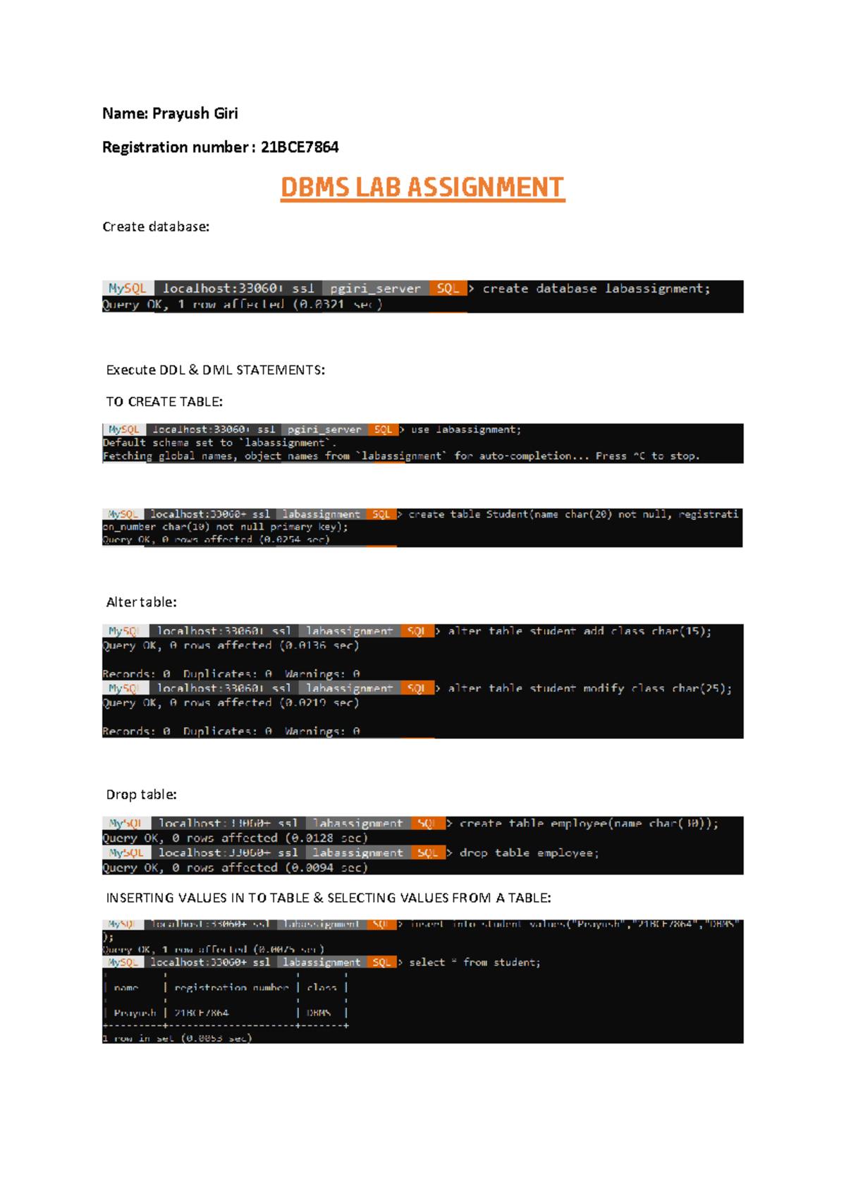 Assignment - 1 | DBMS | VIT_AP | CSE 2007 - Name: Prayush Giri Registration number : 21BCE 7864 ...