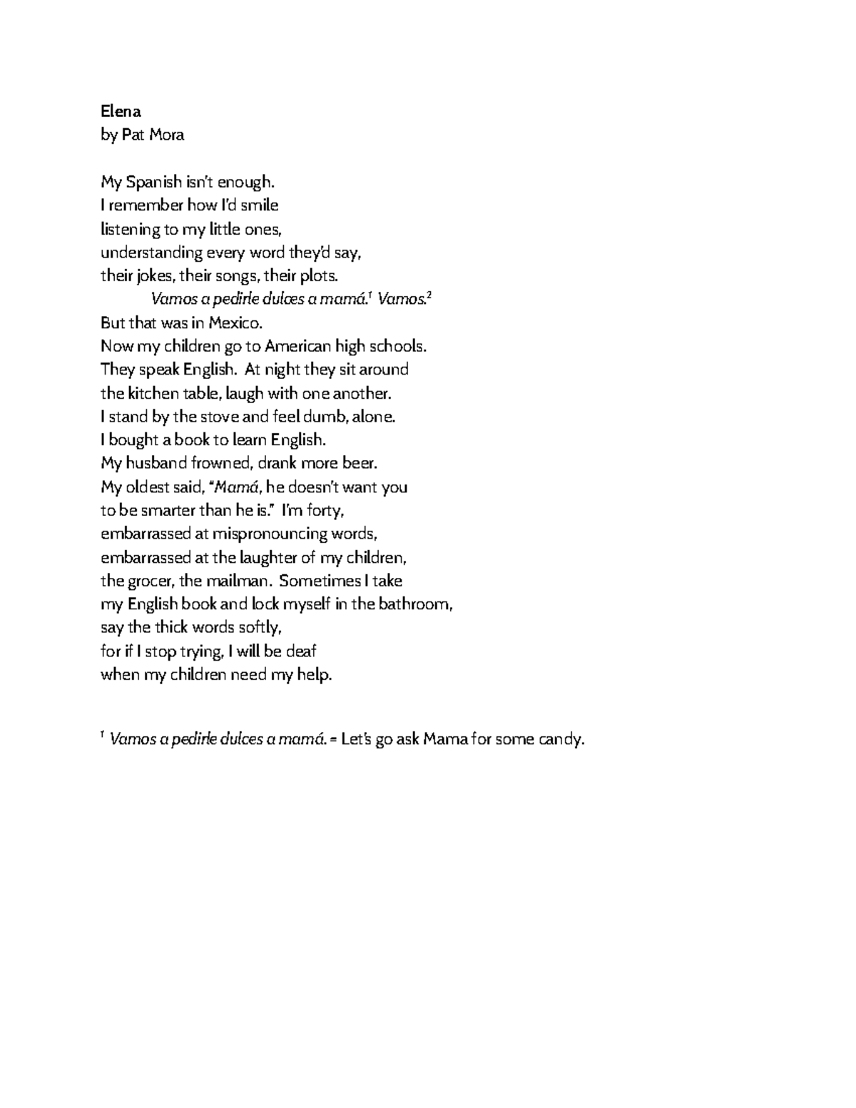 Final Poetry Battle - answer - Elena by Pat Mora My Spanish isn’t ...