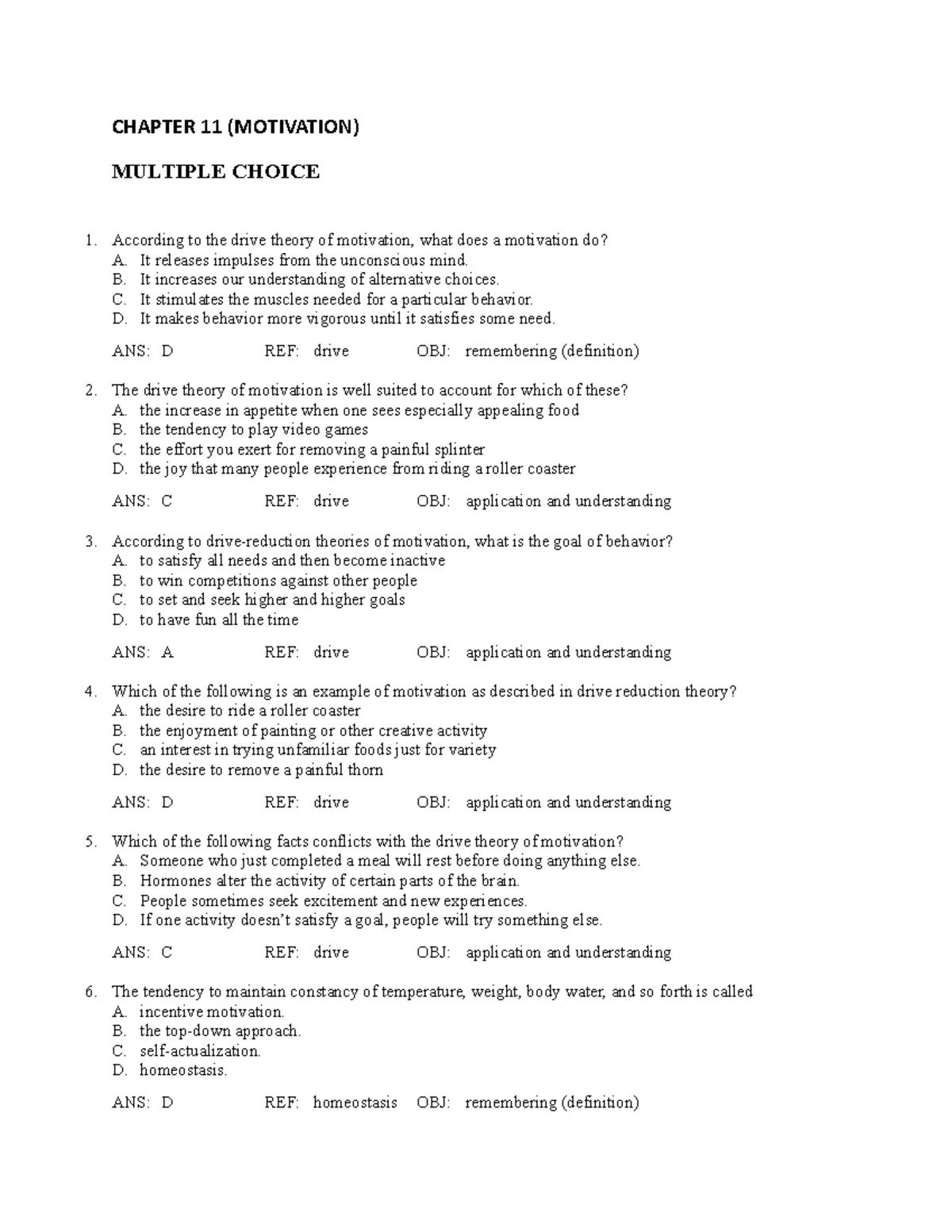 Bank Quest of introduction to psychology - CHAPTER 11 (MOTIVATION ...