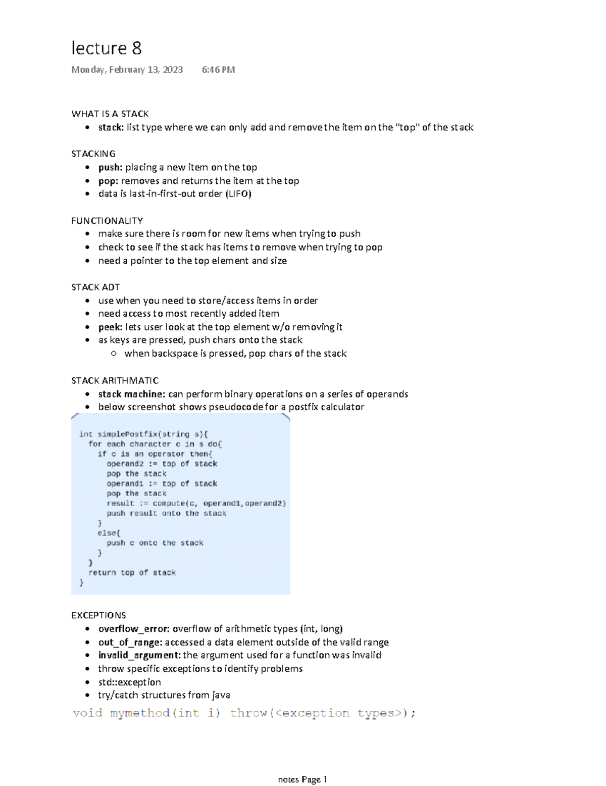 Lecture 8 - lect8 - WHAT IS A STACK stack: list type where we can only ...