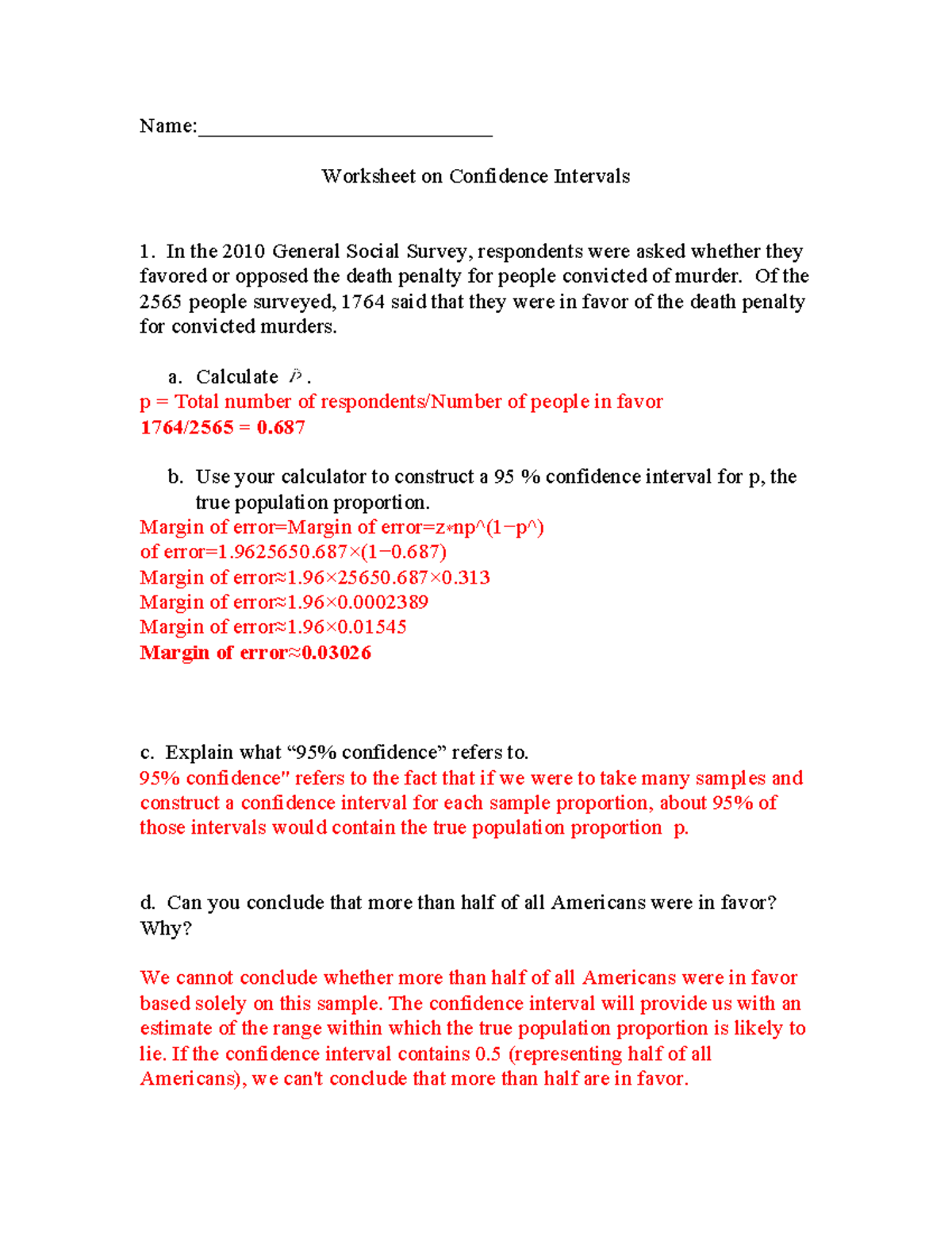 7 Confidence Intervals - Name:___________________________ Worksheet on ...
