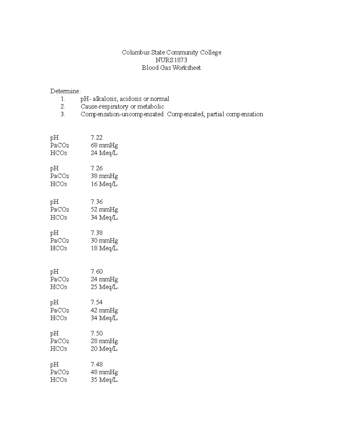 1873 ABG Worksheet - Columbus State Community College NURS Blood Gas ...