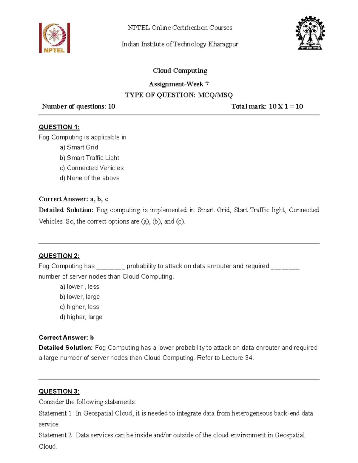 Nptel CC Assignment 7 - SDASDSADS - Indian Institute of Technology ...