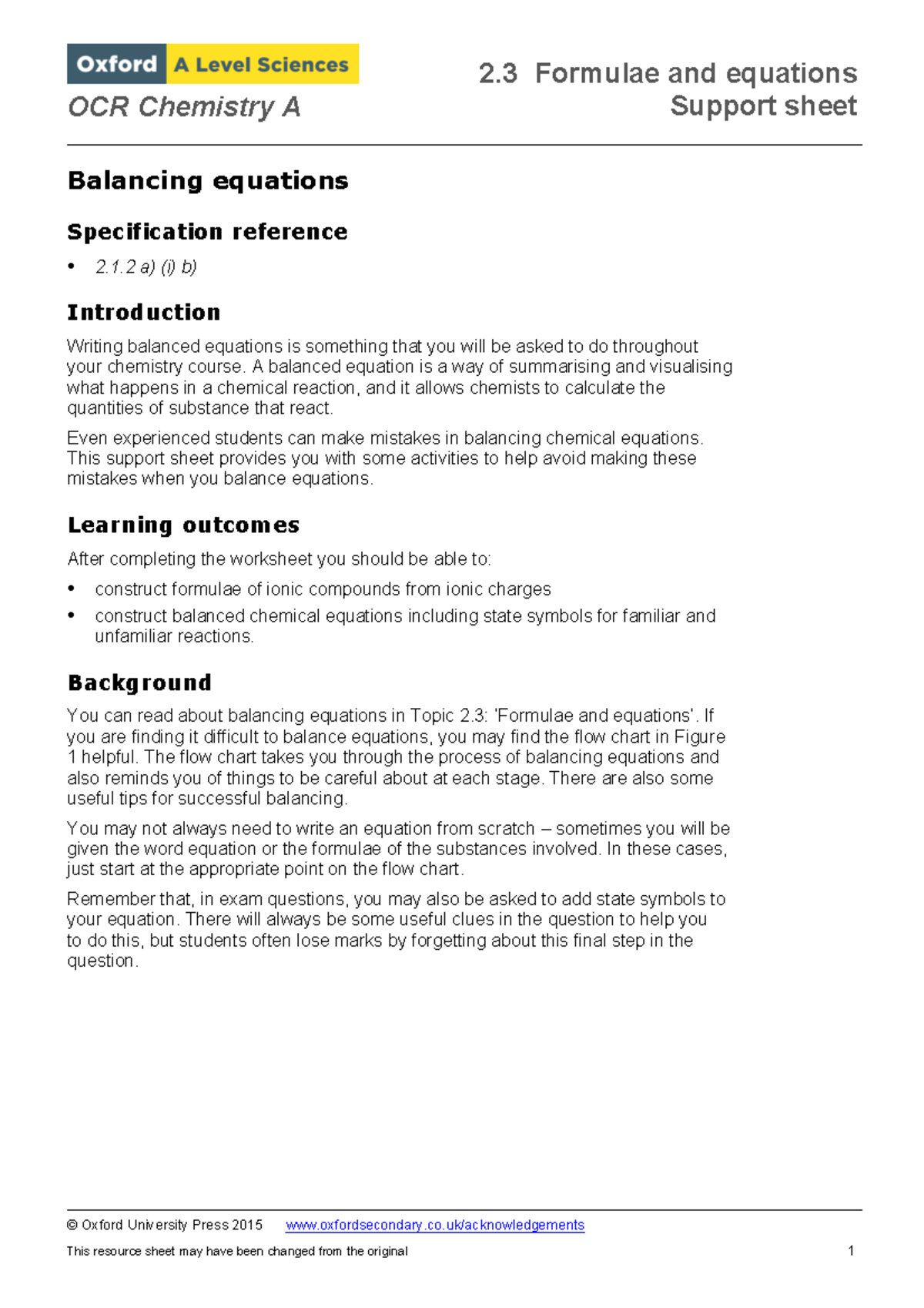 Chemistry Equations Support Sheet - Studocu