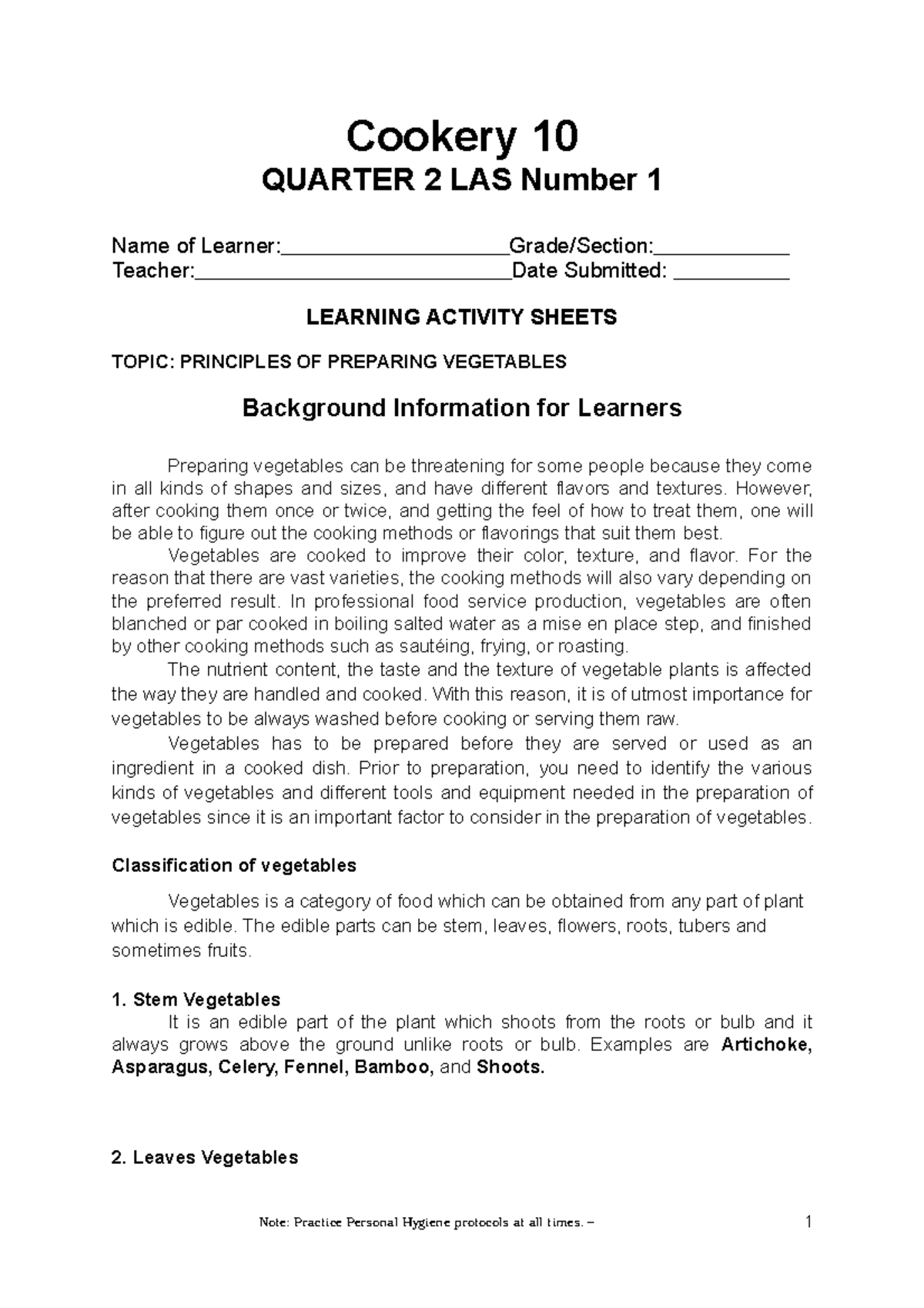 Cookery 10 Quarter 2 LAS No. 1-2021-2022 - Bachelor of Science in ...