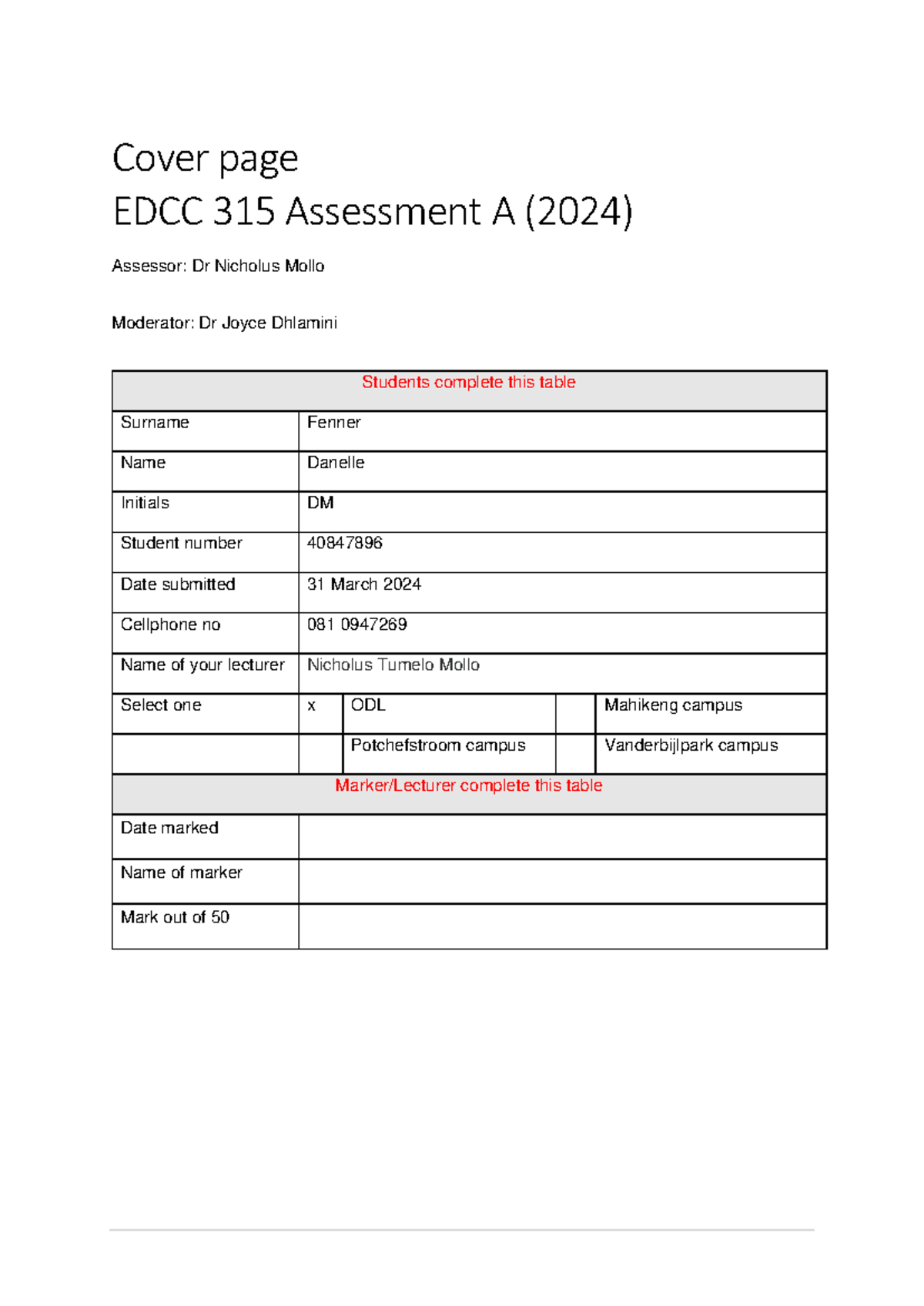 2024 Assignment EDCC 315 - Cover page EDCC 315 Assessment A (202 4 ...