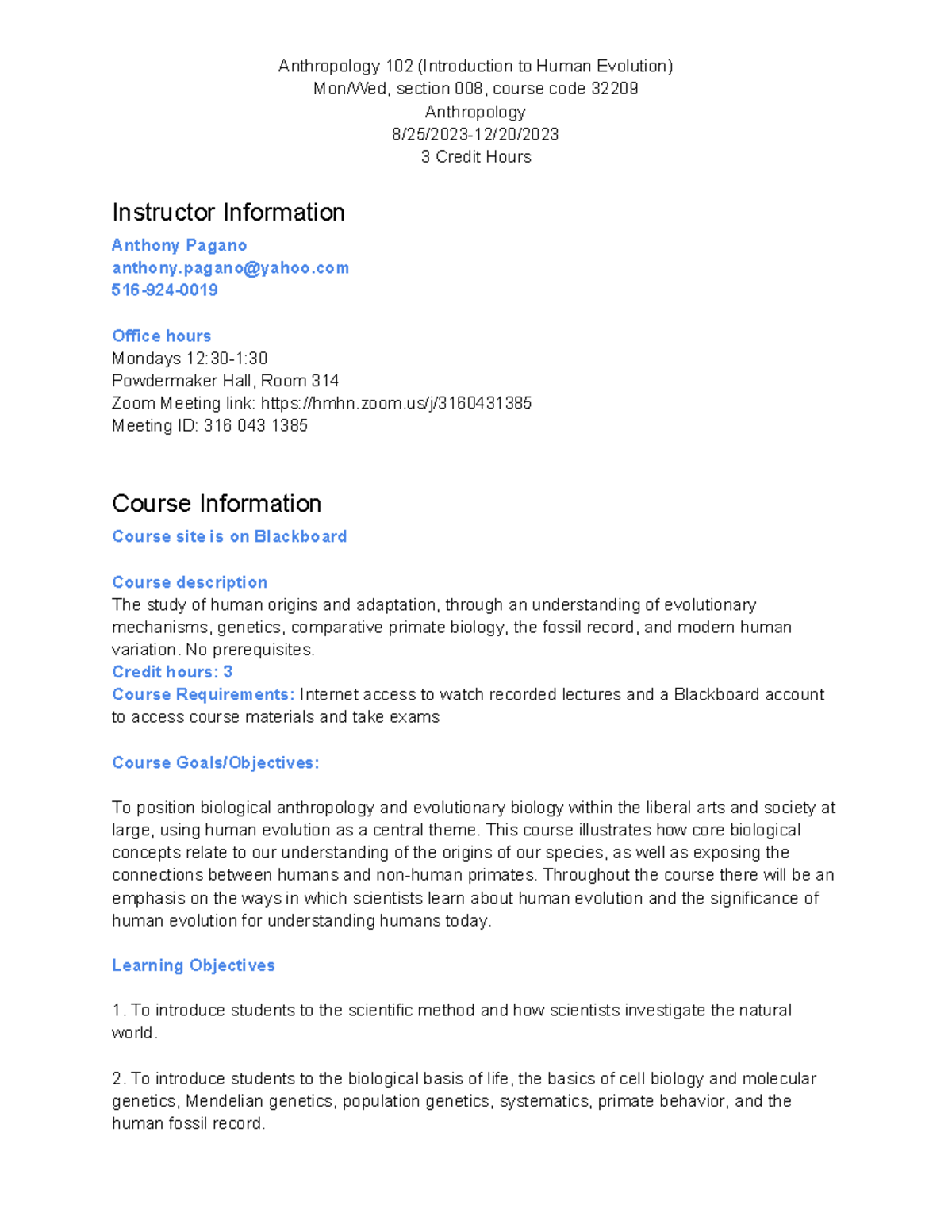 QC Fall 2023 M-W syllabus - Anthropology 102 (Introduction to Human ...