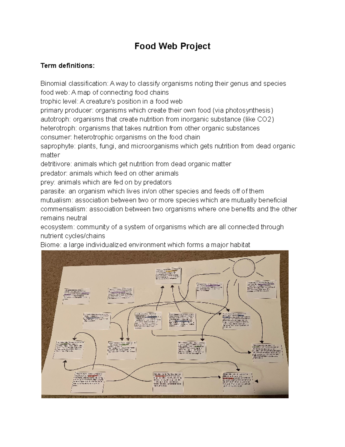 Organism Project 1 - Food Web Project Term definitions: Binomial ...
