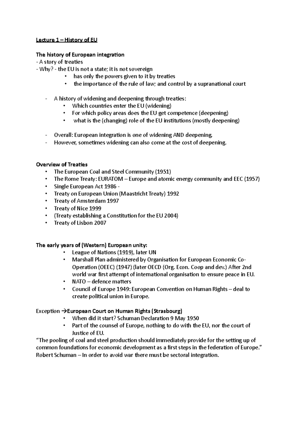 Lecture 1 - History and Treaties - Lecture 1 – History of EU The ...