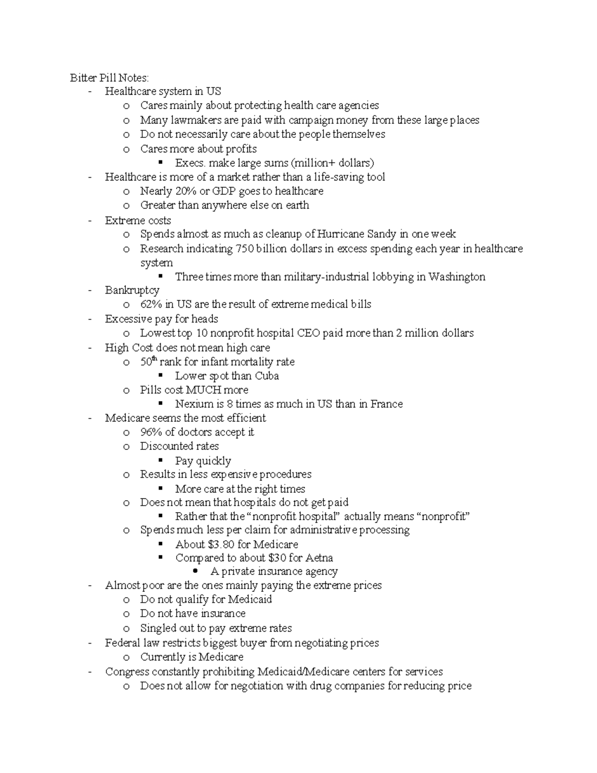 Bitter Pill Article Notes - Bitter Pill Notes: - Healthcare system in ...