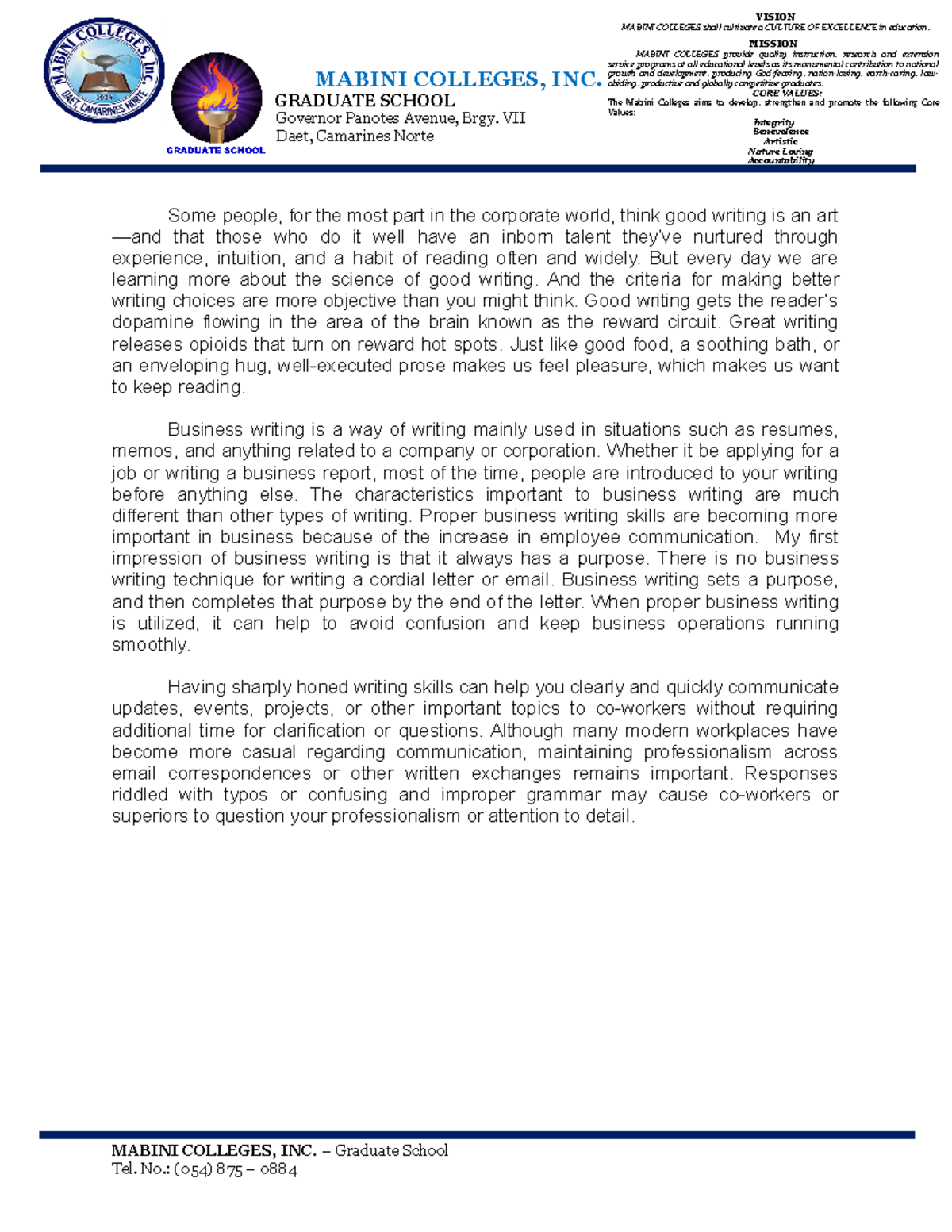Insight Paper Renalyn Villaluna GSEL 100 - Business Writing - MABINI ...