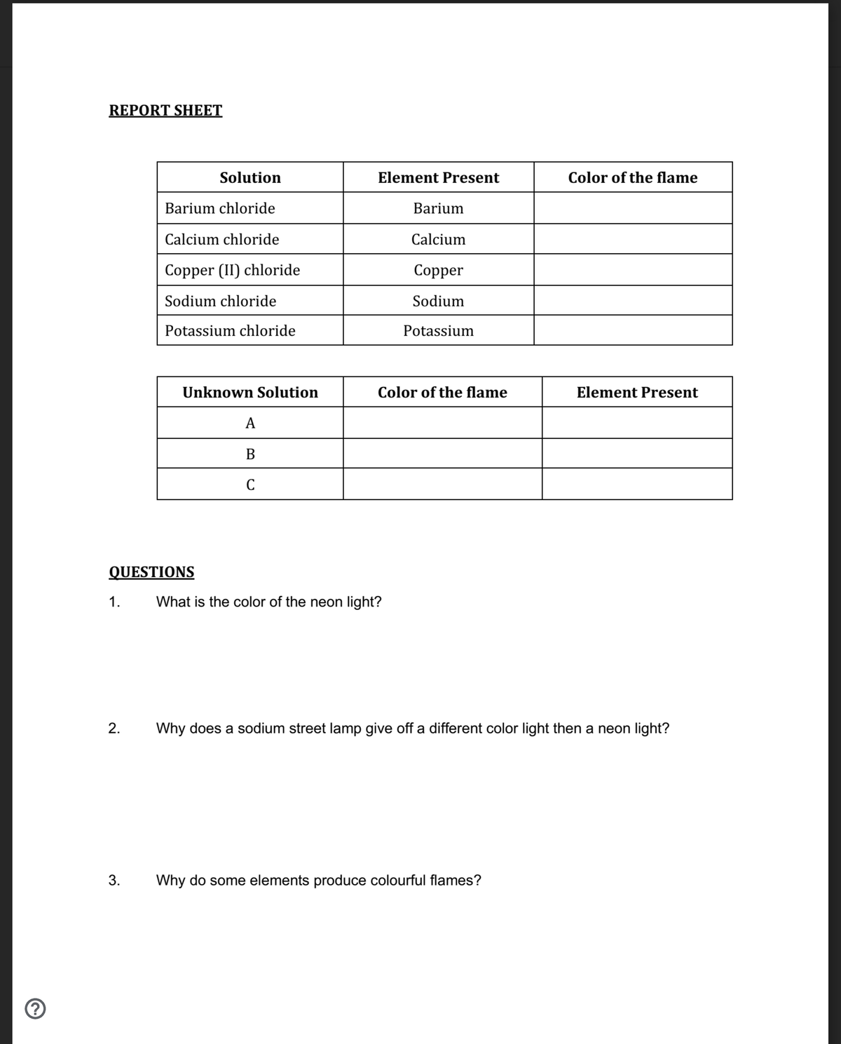 Experiment 1 Flame TEST - Refer to this manual for experiment 1. Note ...