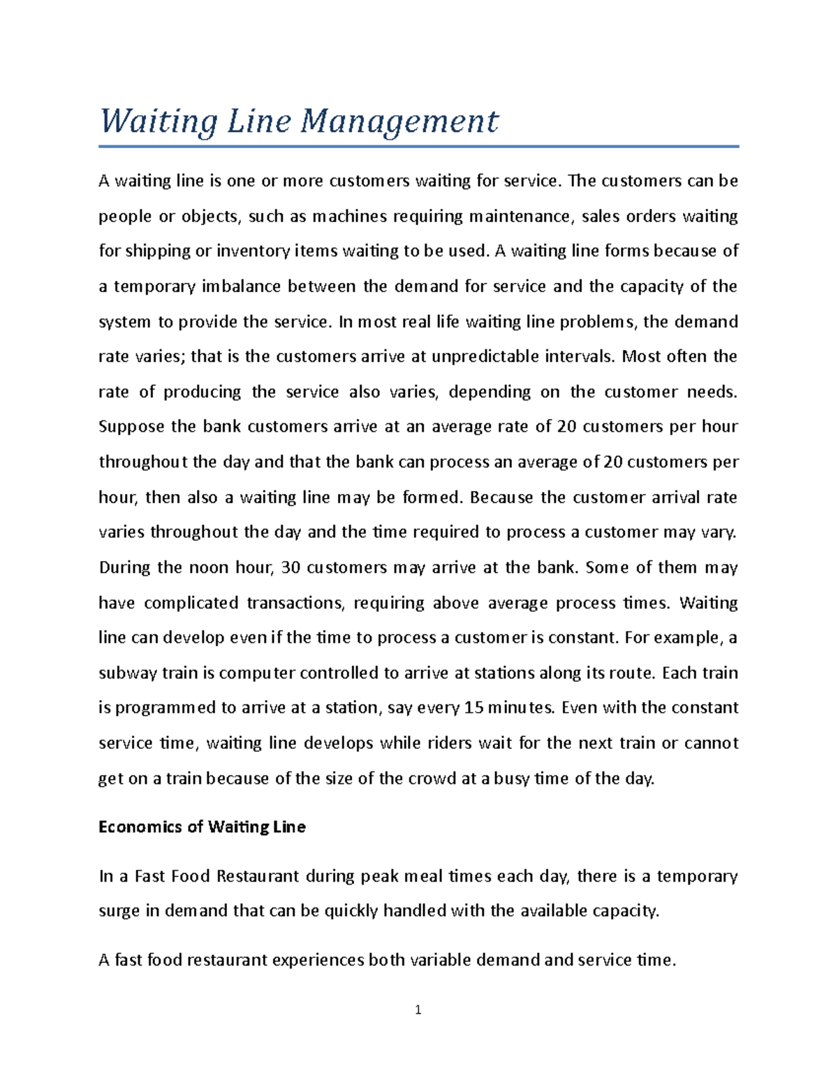 production and operations management- Waiting Line Management notes ...