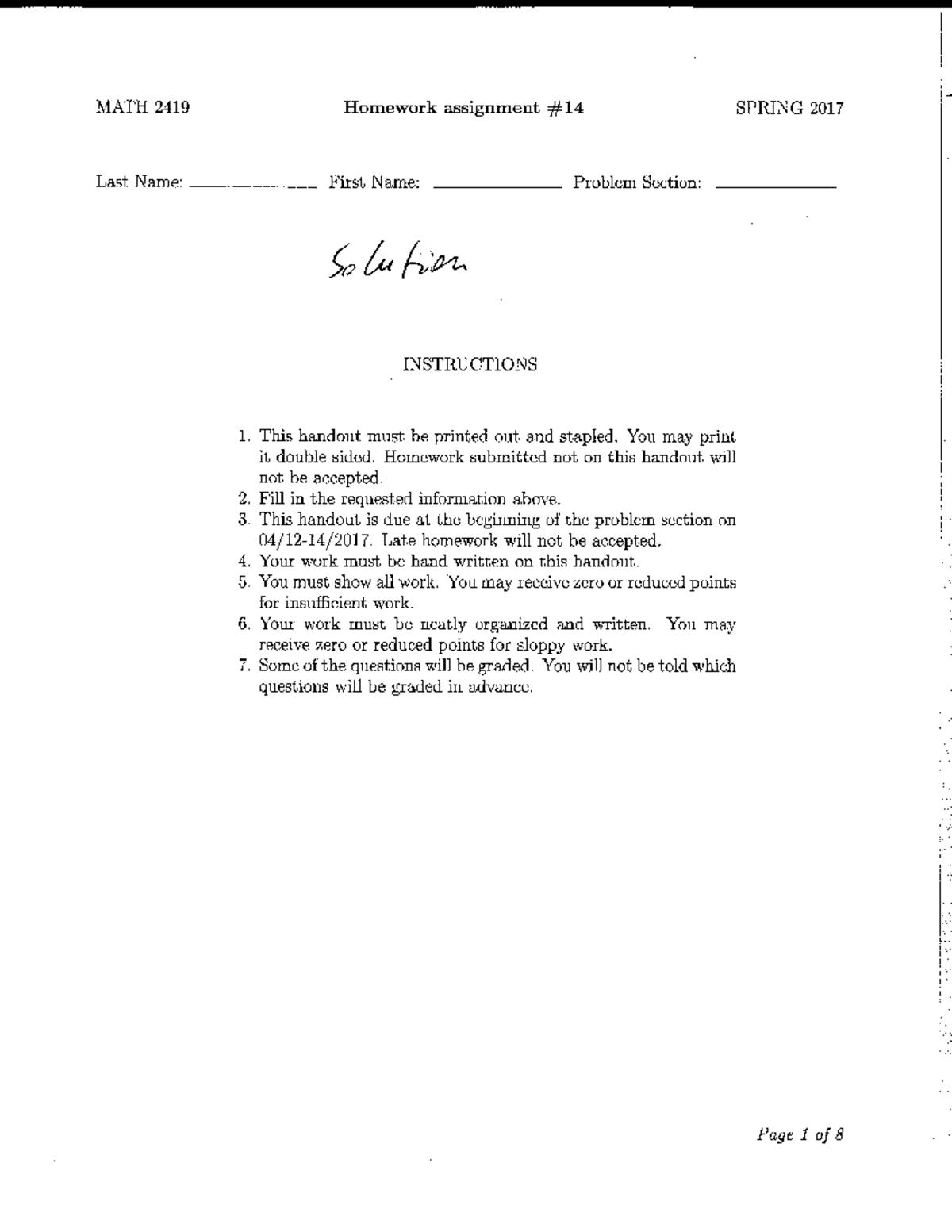 HW14solution - hwk 14 - MATH 2419 Last Name: Homework assignment #14 ...