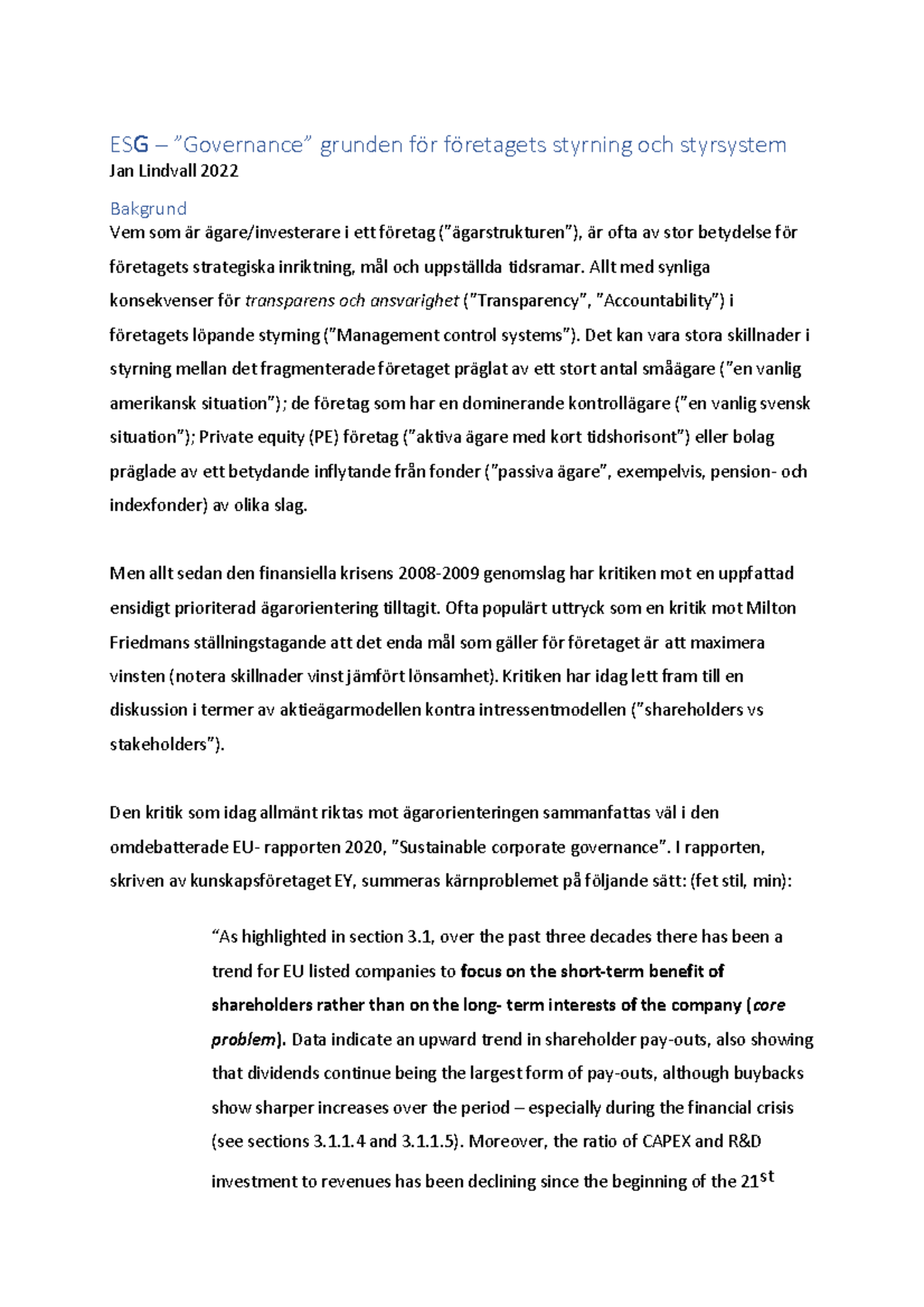 Seminarieuppgift 1 - ESG – ”Governance” grunden för företagets styrning ...