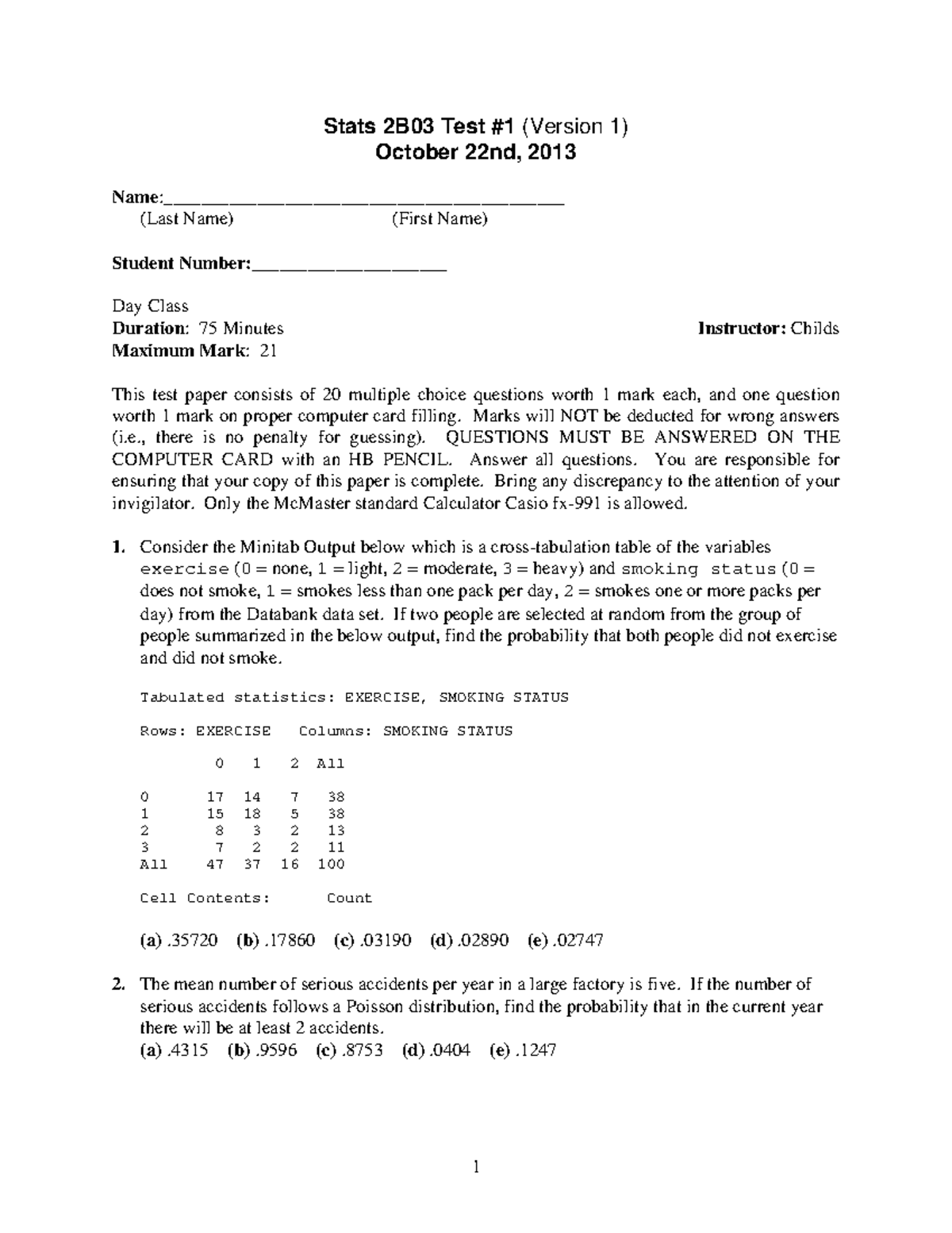 Stats 2B03 Test #1 (Version 1) Exam Fall 202000000 - Stats 2B03 Test ...