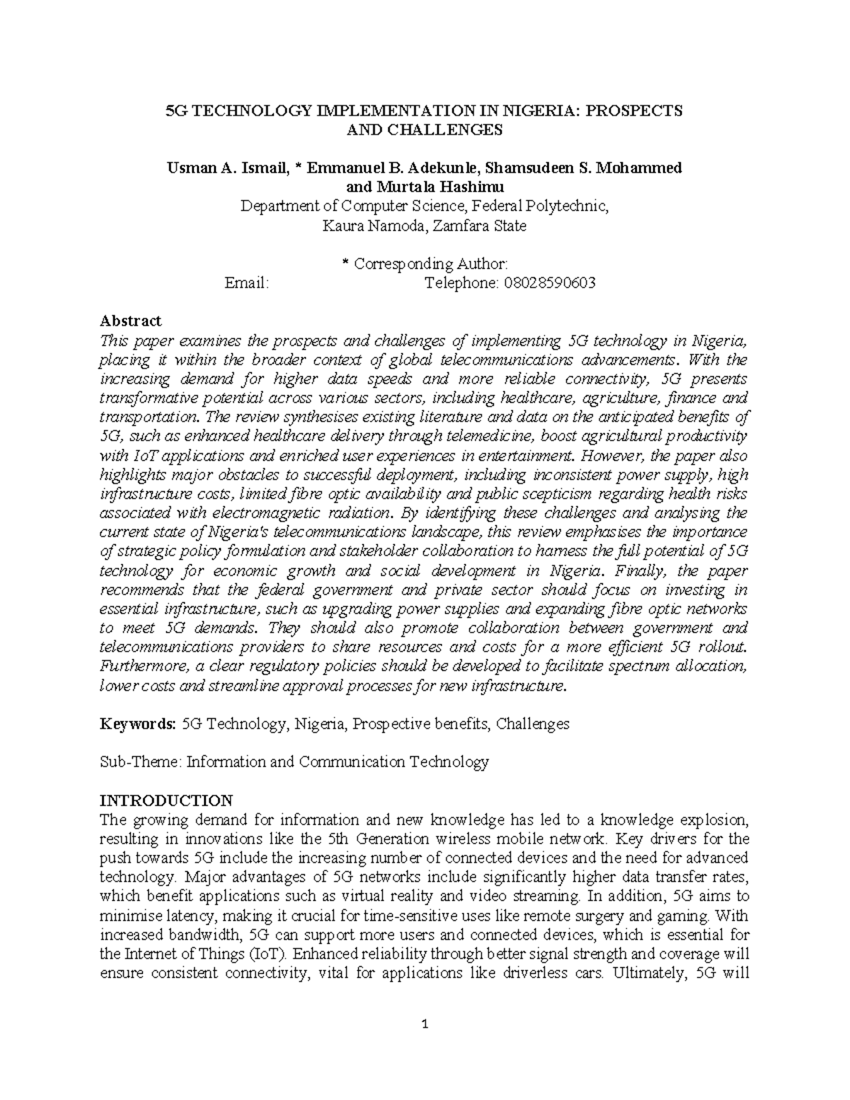 Full Paper- 5G Implementation - 5G TECHNOLOGY IMPLEMENTATION IN NIGERIA ...
