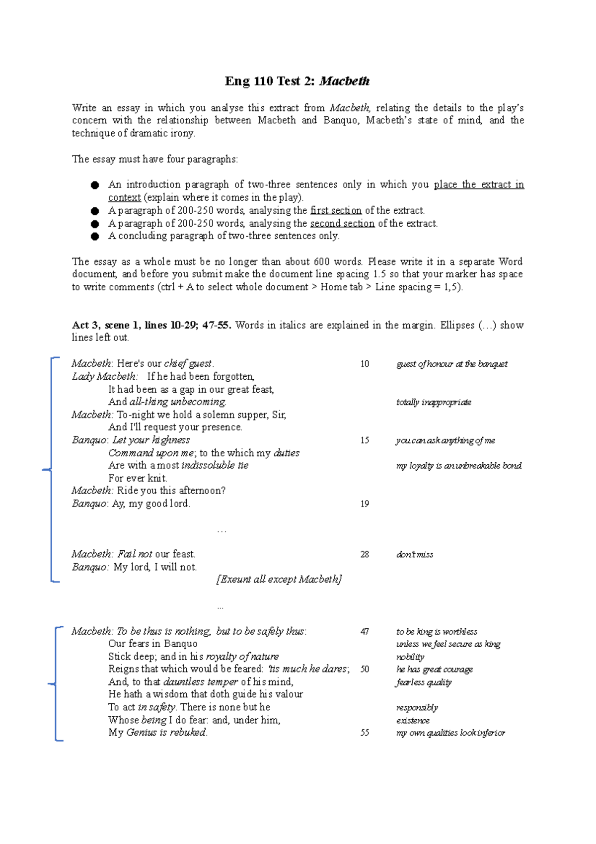 Macbeth Test 2 - Eng 110 Test 2: Macbeth Write an essay in which you ...