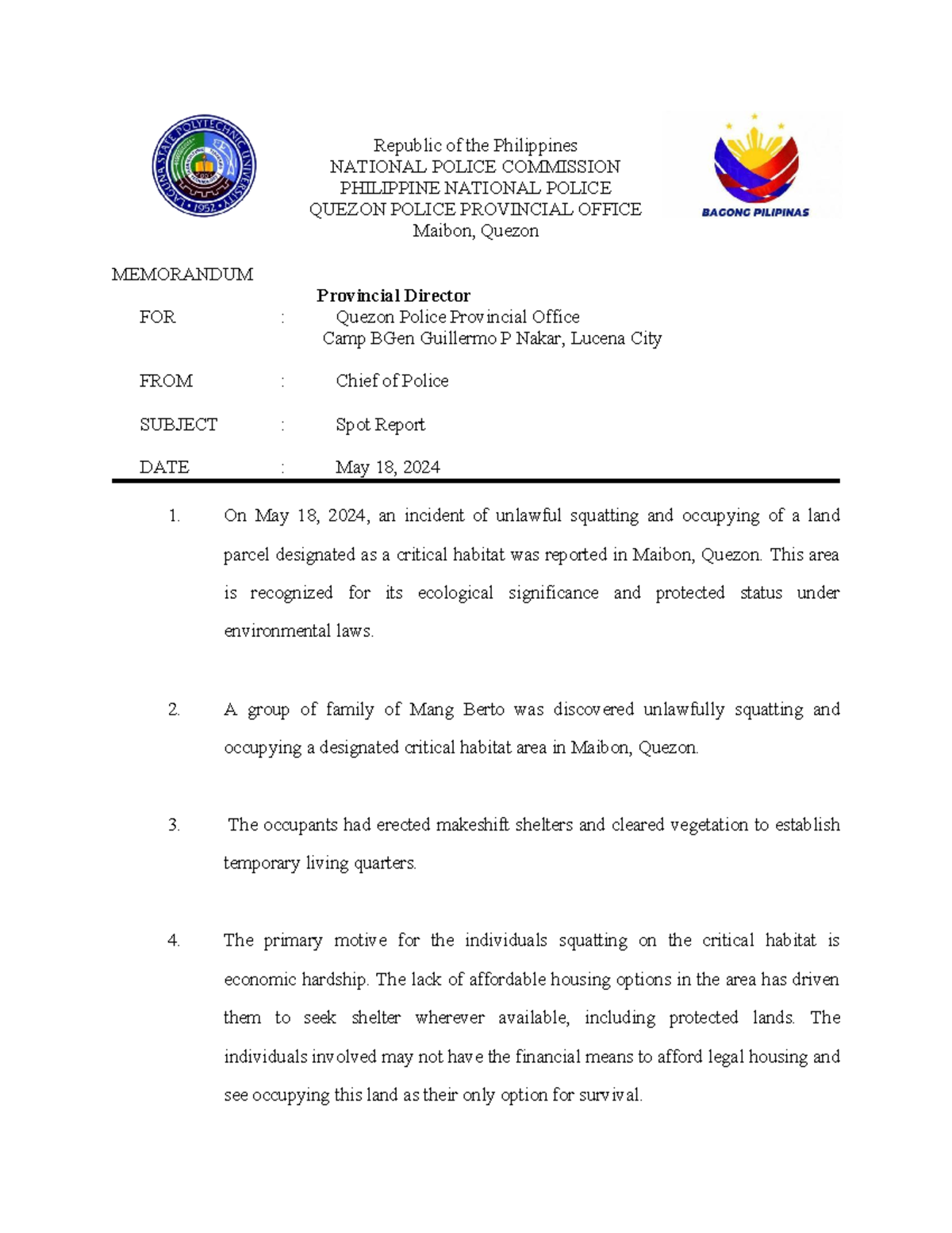 Ramos- SPOT Report - Republic of the Philippines NATIONAL POLICE ...