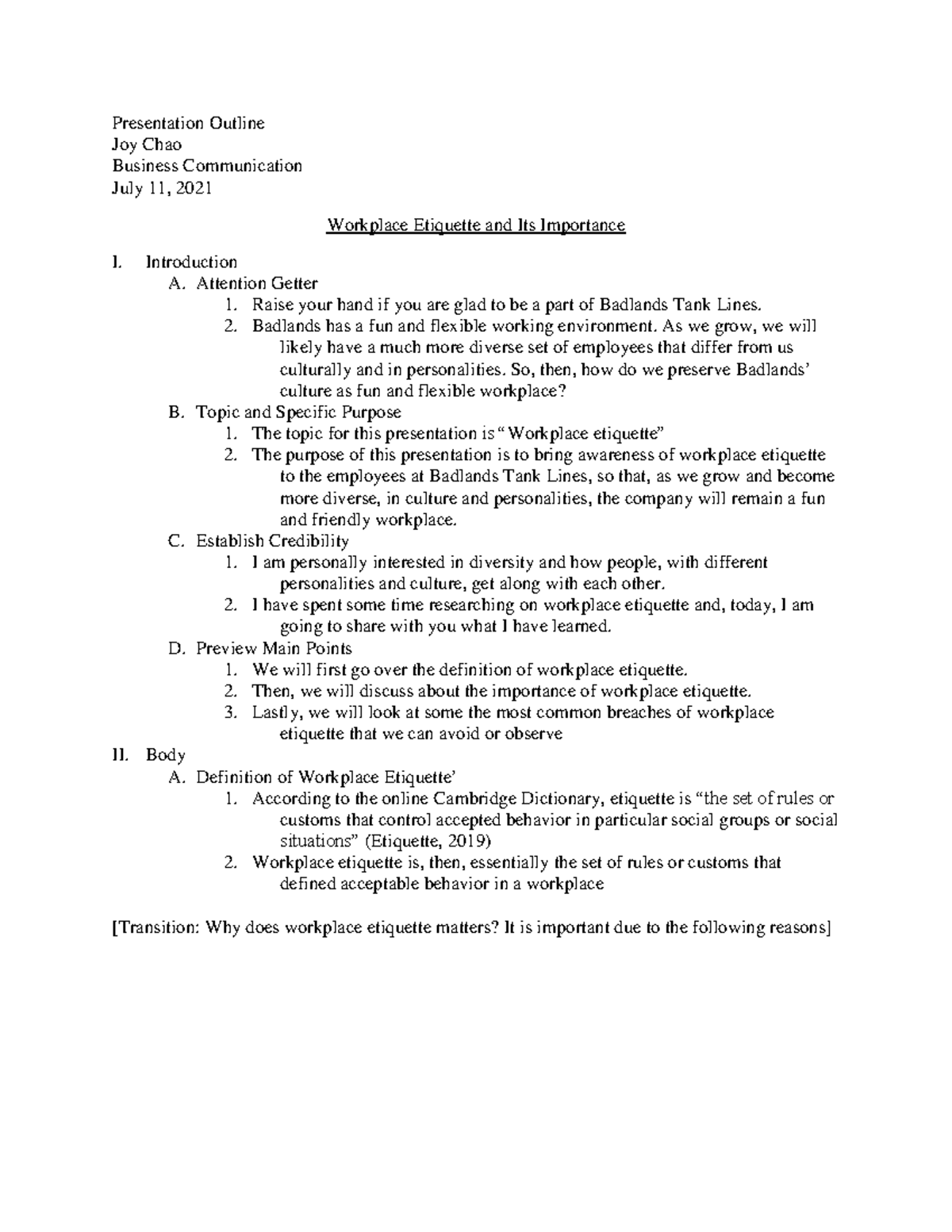 Workplace Etiquette Detailed Outline-1 - Presentation Outline Joy Chao ...