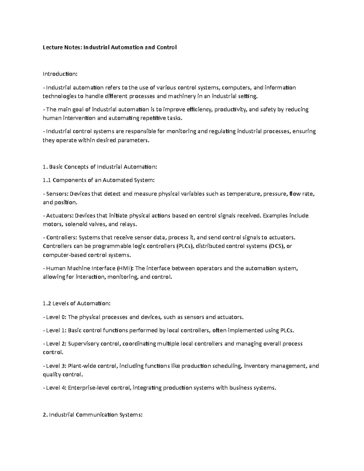 Lecture Notes: Industrial Automation and Control - Lecture Notes ...