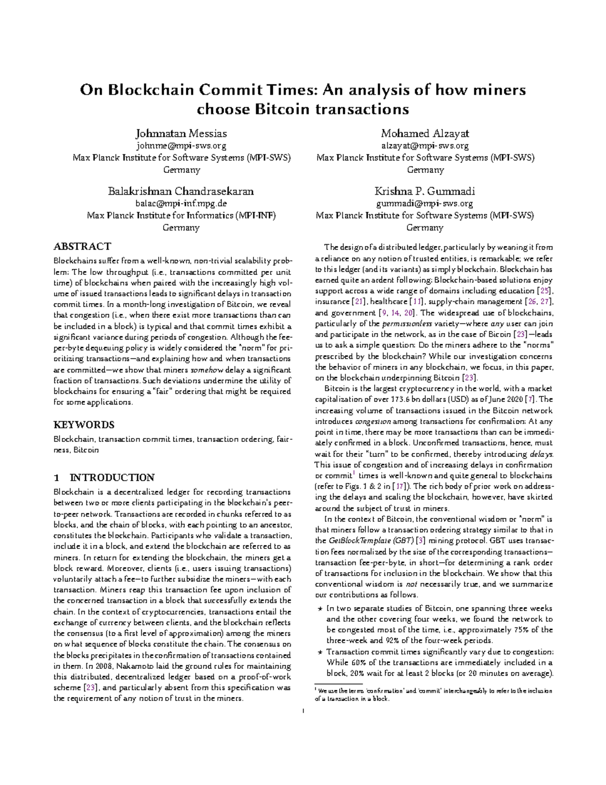 17. On Blockchain Commit Times; An Analysis of how Miners Choose Bitcoin Transactions (Article ...