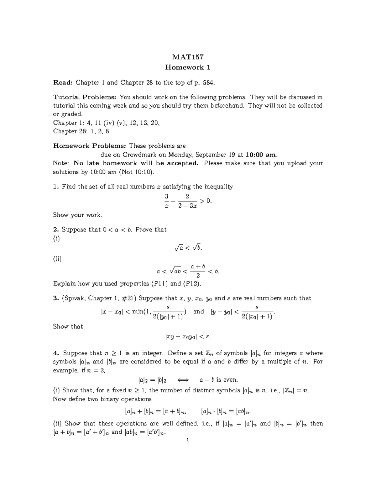 Homework 1 - first problem set questions - MAT Homework 1 Read:Chapter 1 and Chapter 28 to the ...
