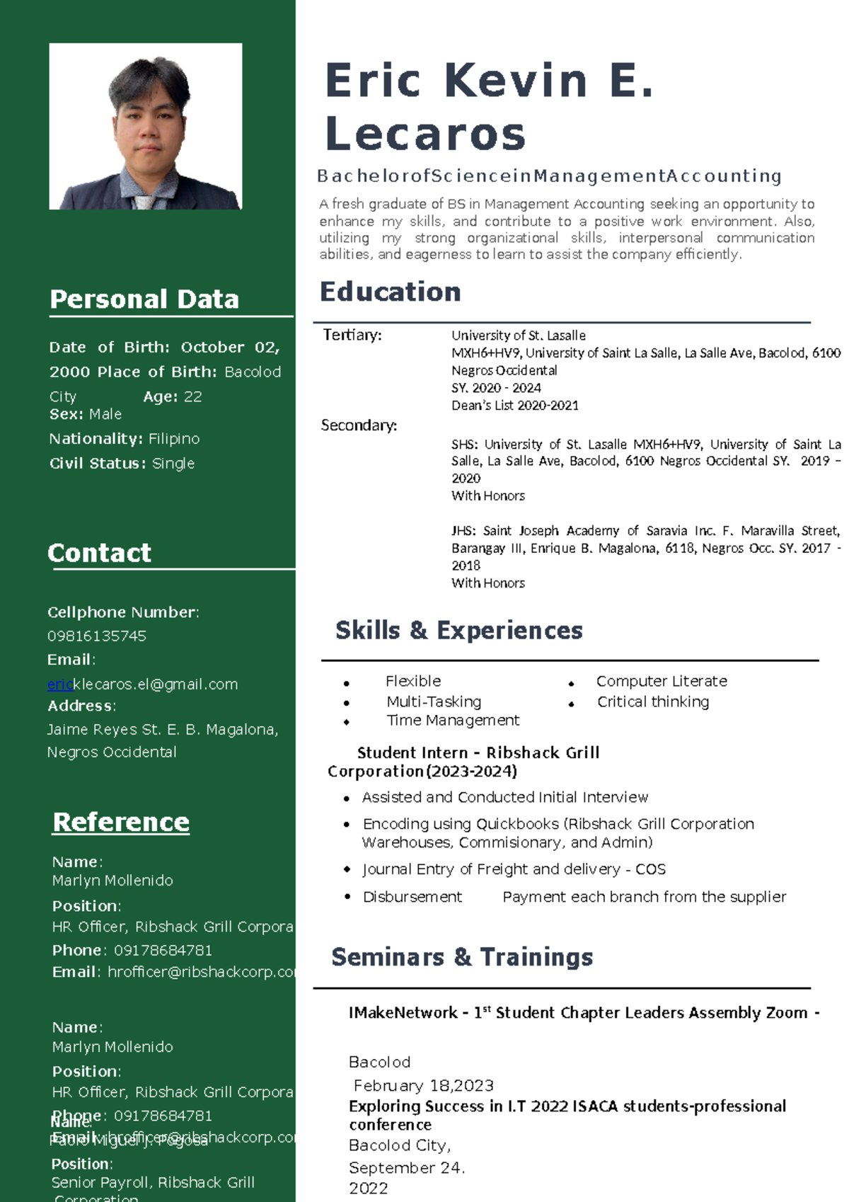 Mock Job Interview Resume - 2X2 PICTURE Personal Data Date of Birth ...