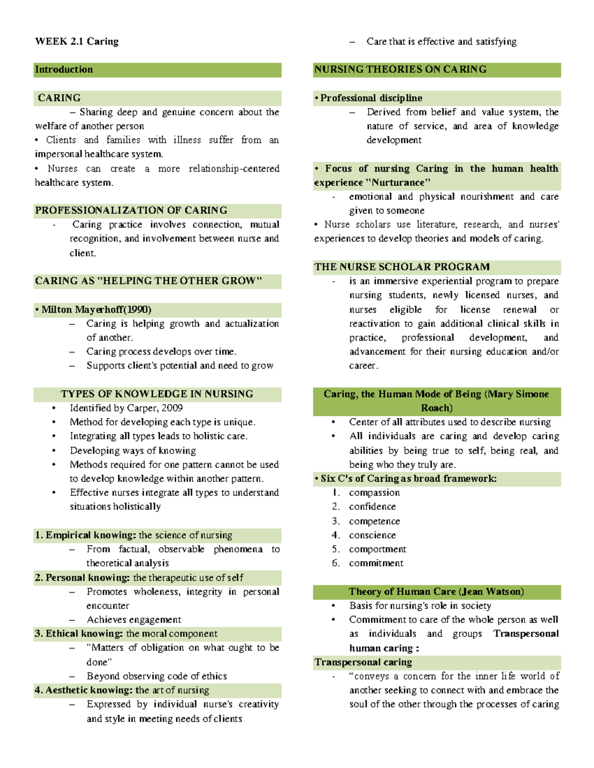 Funda lec reviewer week 2 - WEEK 2 Caring Introduction CARING - Sharing deep and genuine concern ...