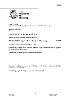 PHY213 19-20 - Stellar Structure and Evolution - PHY Data Provided: A formula sheet and table of ...