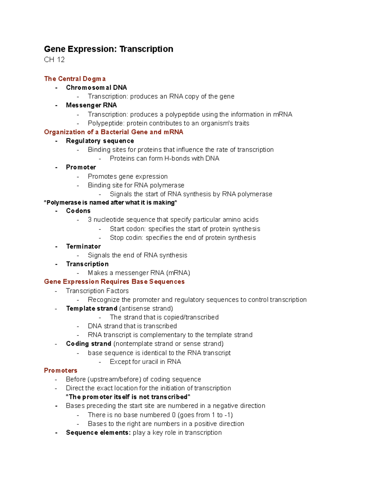 Genetics Notes module 8-11 - Gene Expression: Transcription CH 12 The ...