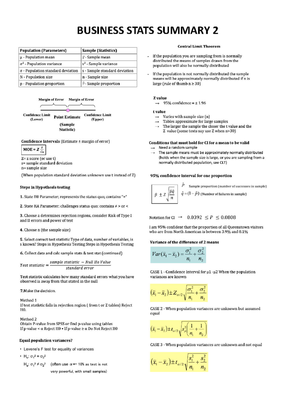 Business Stats Summary 2 - Interpreting Business Data - BUSINESS STATS ...