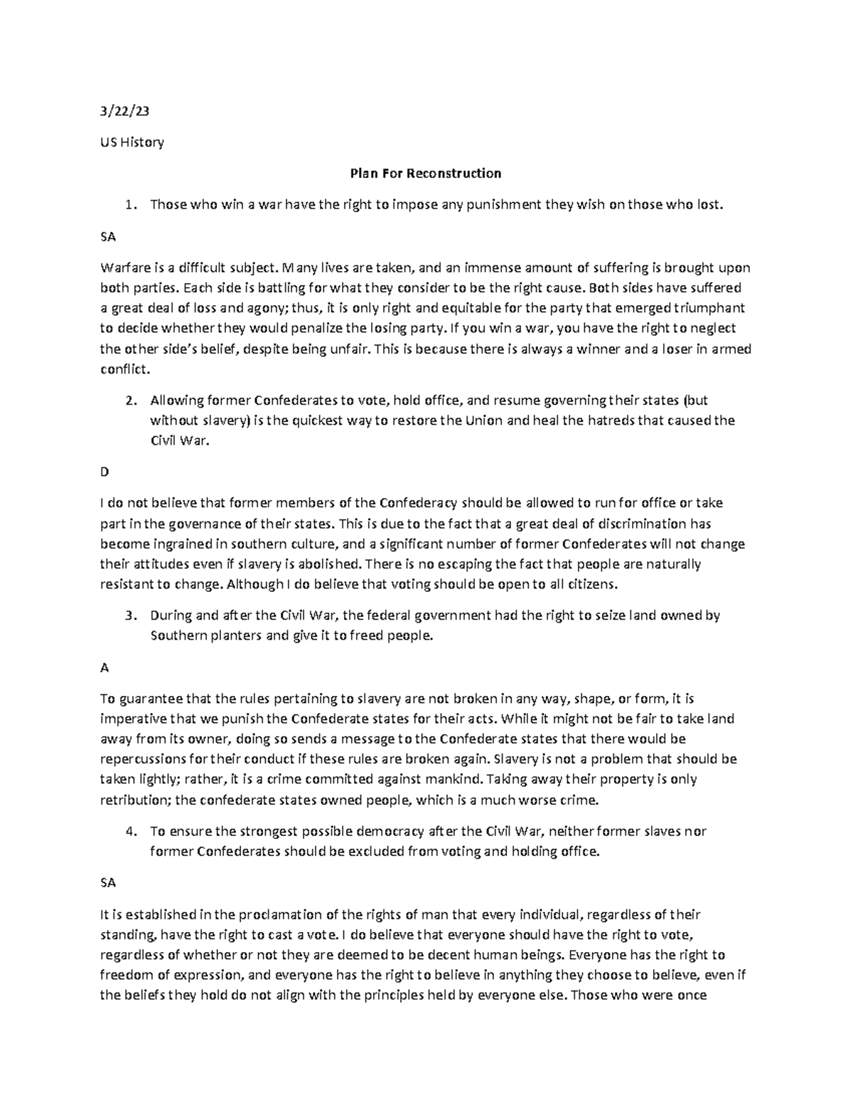 Plan For Reconstruction - 3/22/ US History Plan For Reconstruction ...
