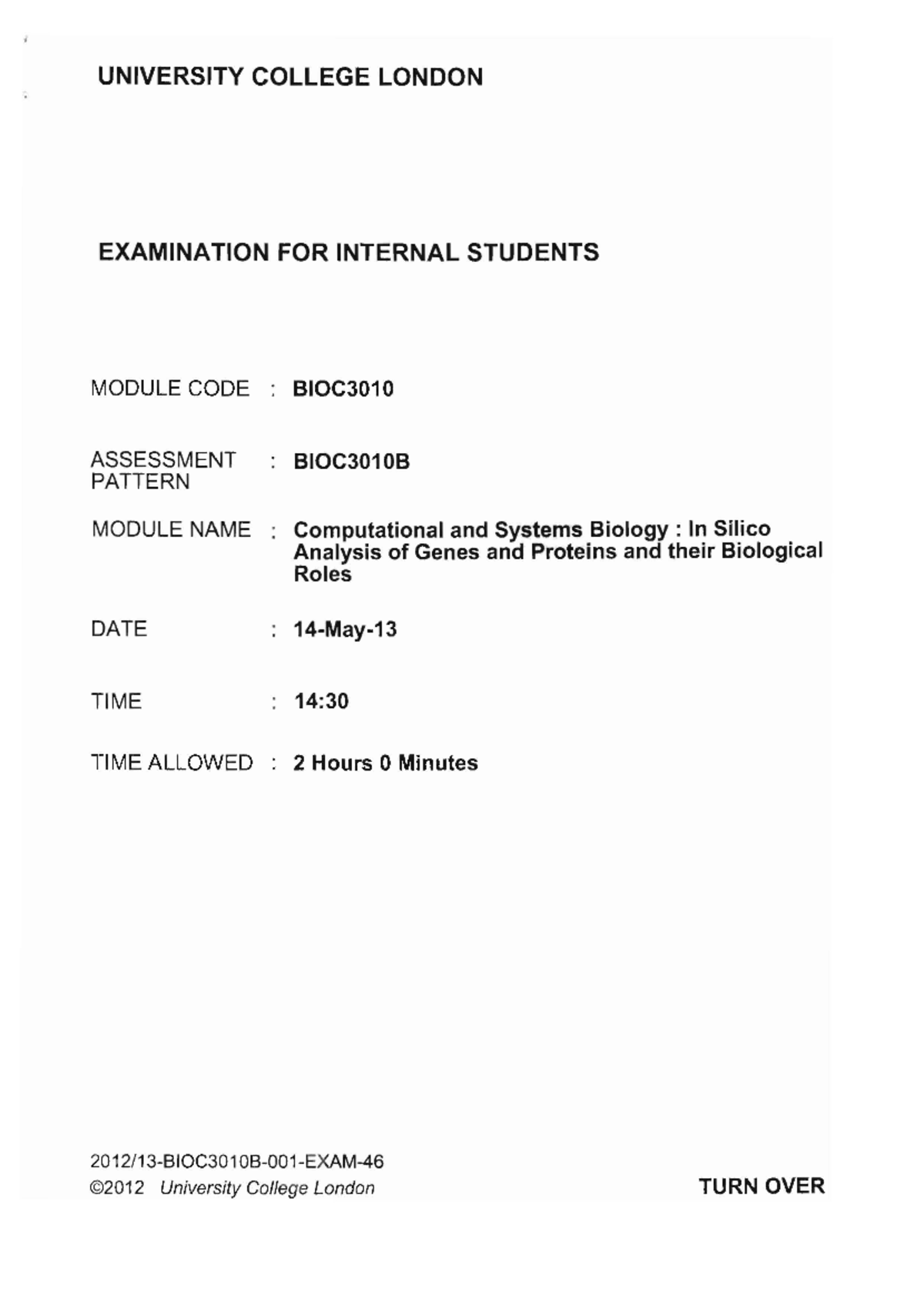 Past Exam – 2012/2013 - UNIVERSITY COLLEGE LONDON EXAMINATION FOR INTERNAL STUDENTS MODULE CODE ...