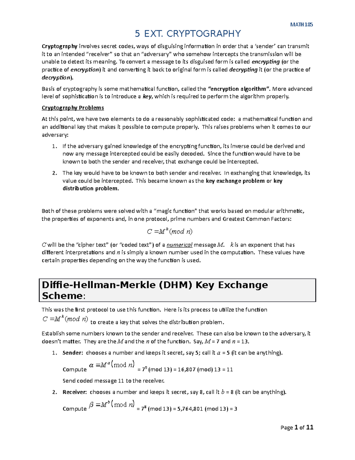 Week 4 - Chap 5 Extension Cryptography - Solution - MATH185 - Centennial College - Studocu