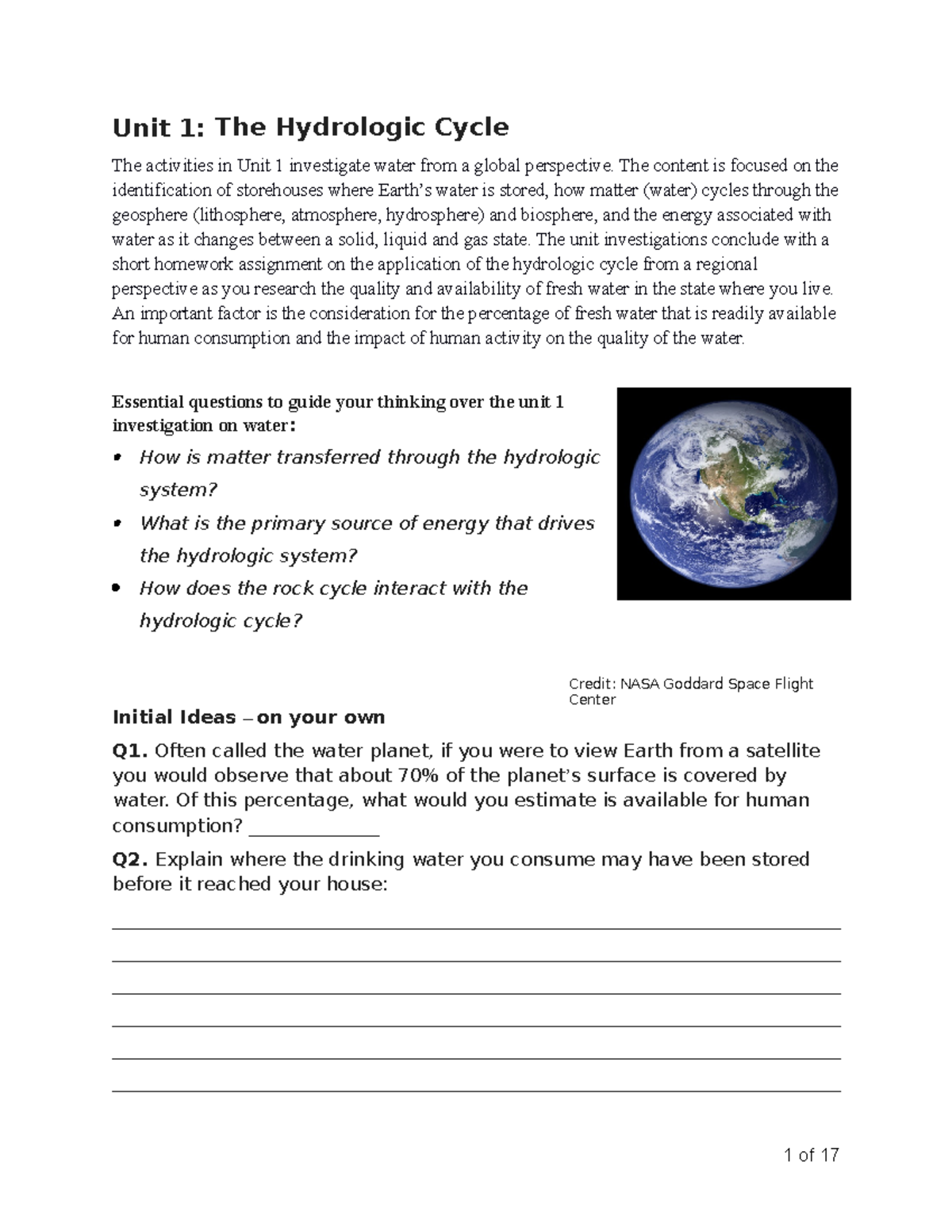 Unit 1 hydrologic cycle studen - Unit 1: The Hydrologic Cycle The ...
