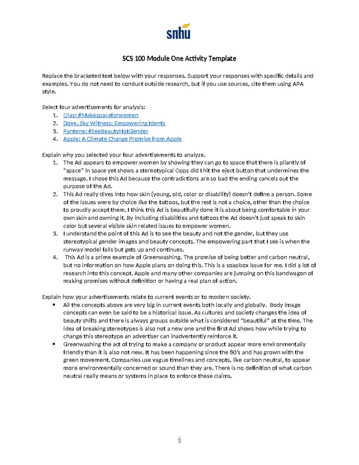 SCS 100 Module One Activity - Support your responses with specific ...