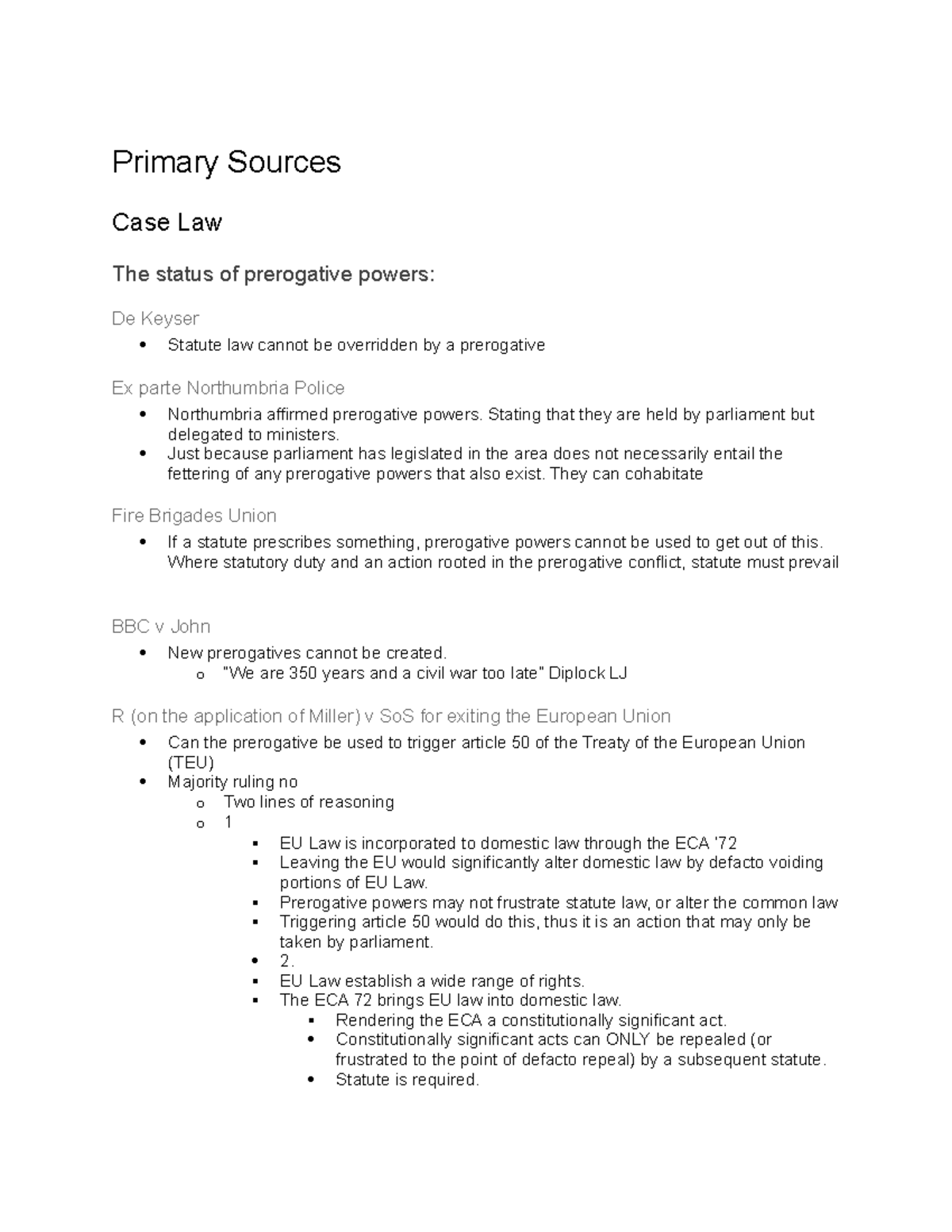 Prerogative Powers Notes - Primary Sources Case Law The status of ...