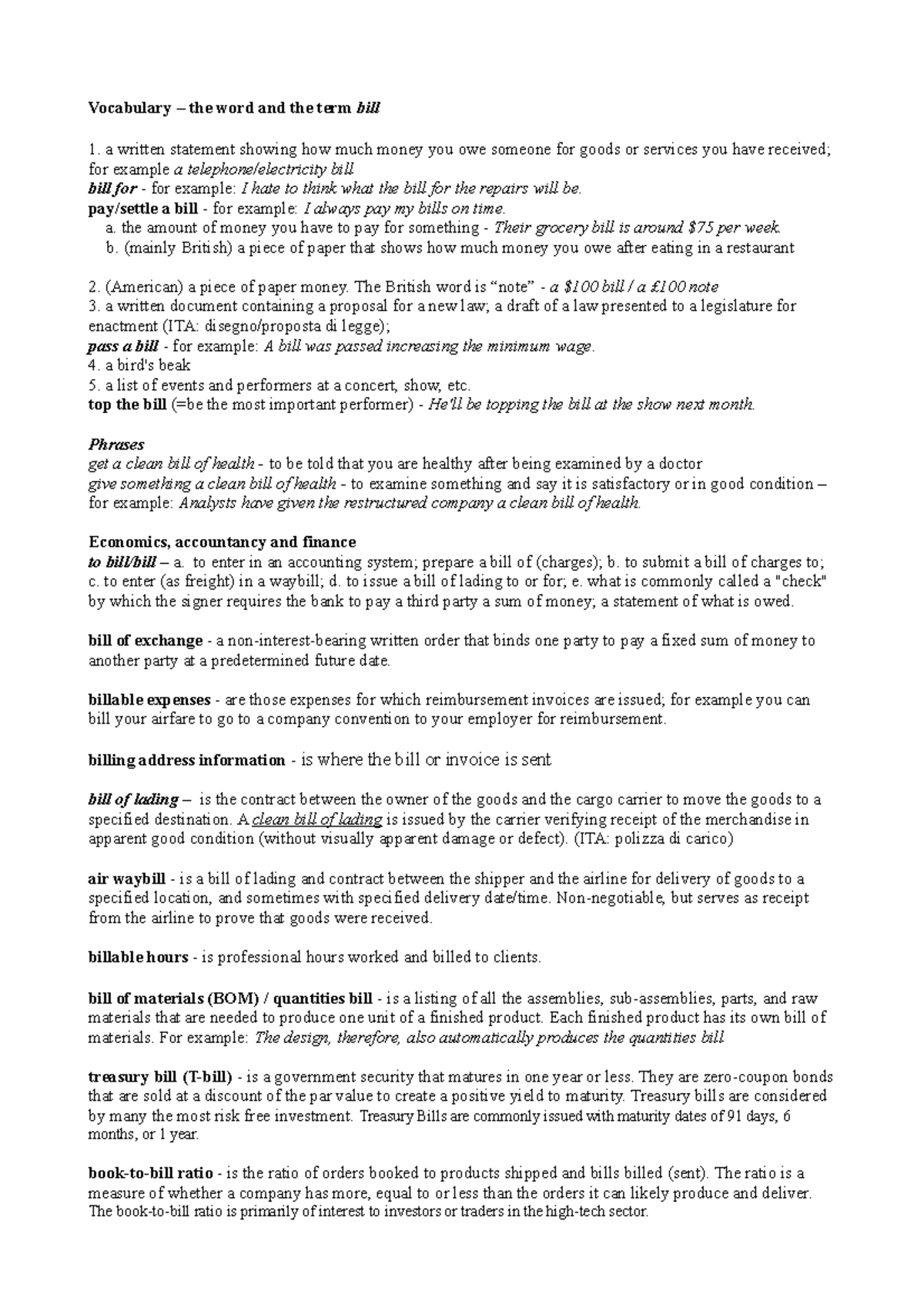 Bill vocabulary - Vocabulary – the word and the term bill a written ...