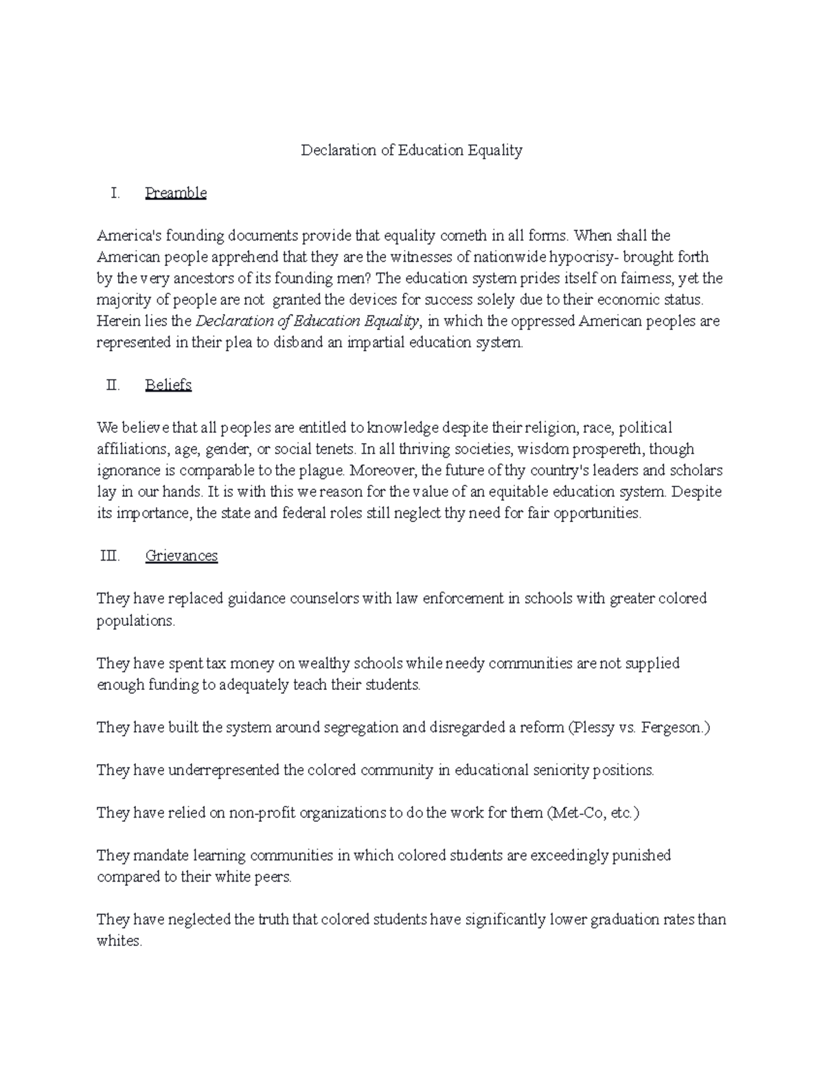 Declaration of Education Equality - Preamble America's founding ...
