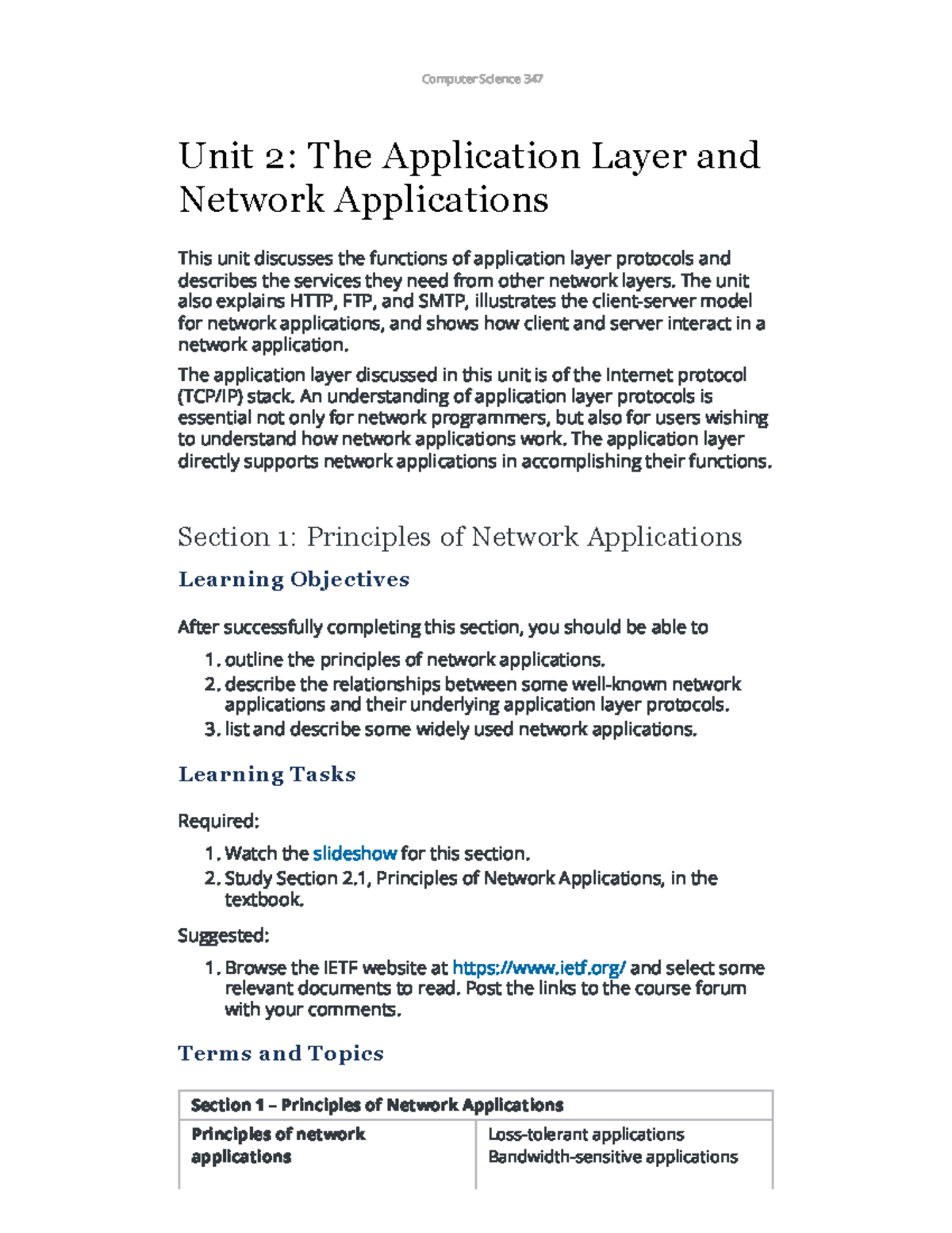 COMP 347 - Study Guide Unit 2 - Unit 2: The Application Layer and ...