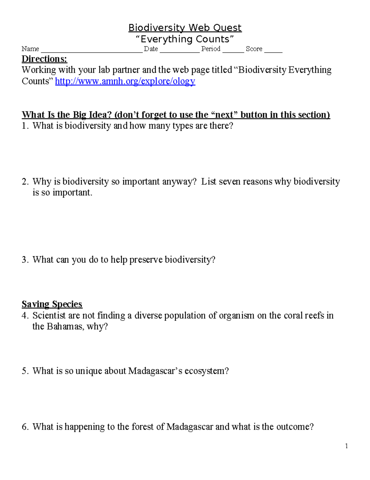 Webquest biodiversity b-0 - Biodiversity Web Quest “Everything Counts ...