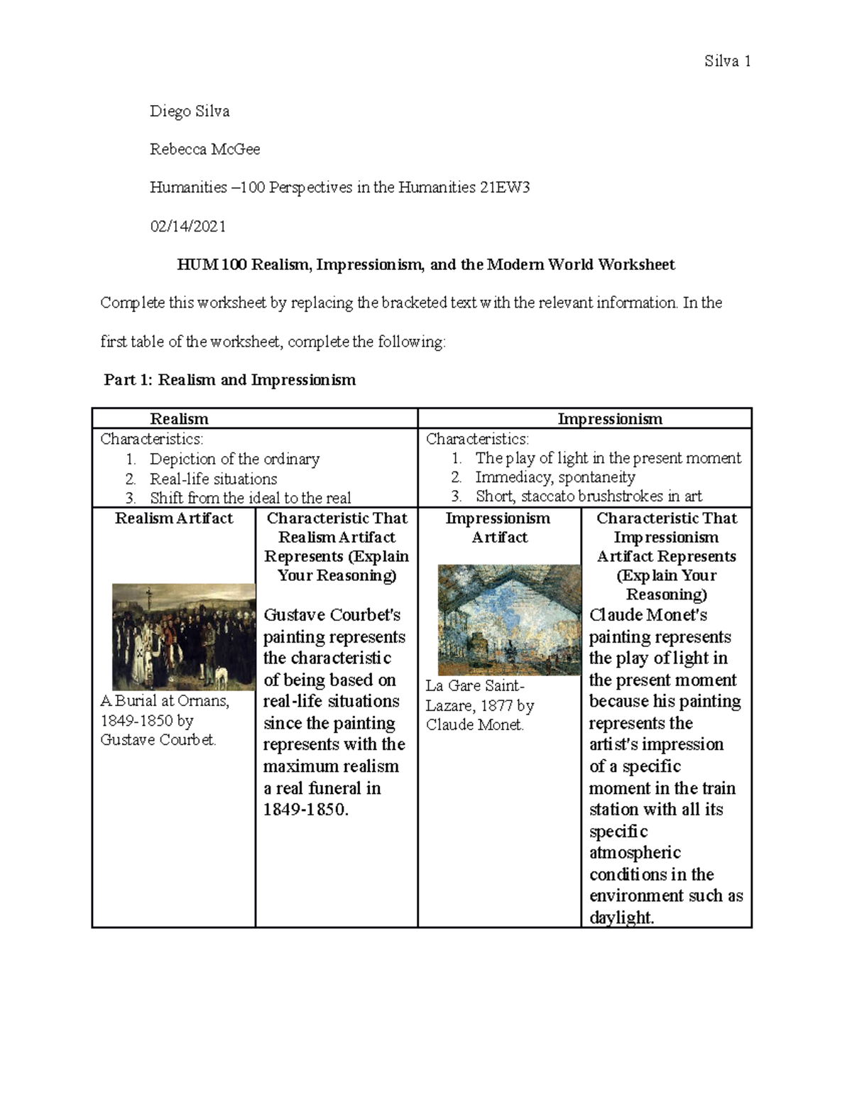 HUM 100 Realism, Impressionism, and the Modern World Worksheet - Diego ...