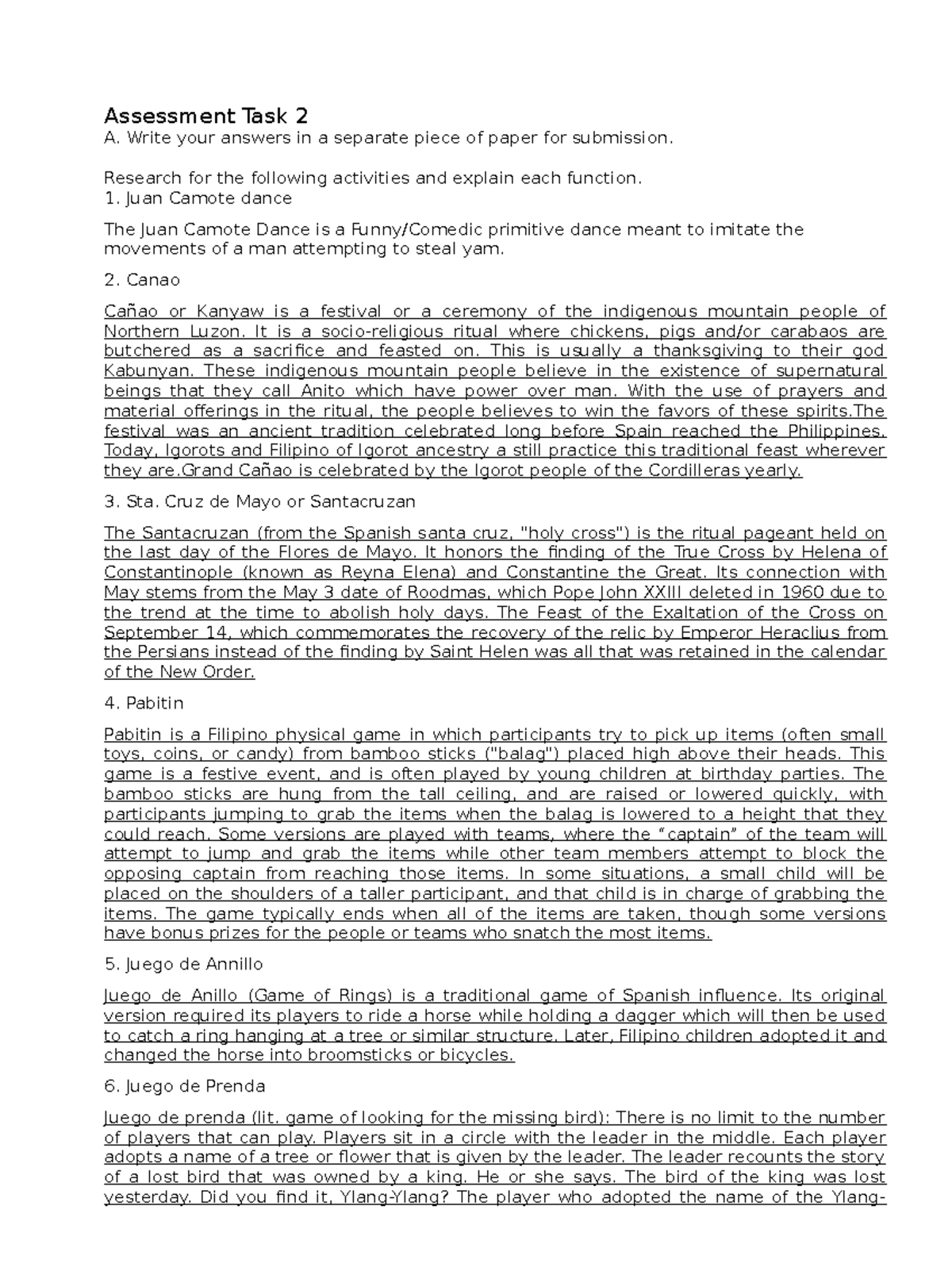 Assessment Task 2 PE - Assessment Task 2 A. Write your answers in a ...