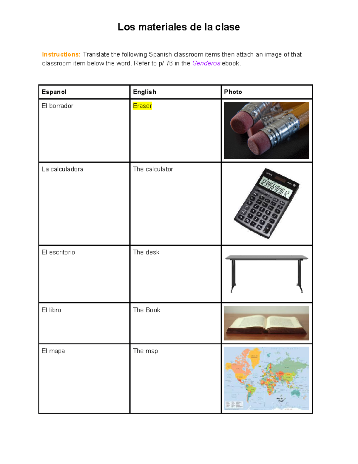Repaso Los materiales de la clase - Instructions: Translate the ...