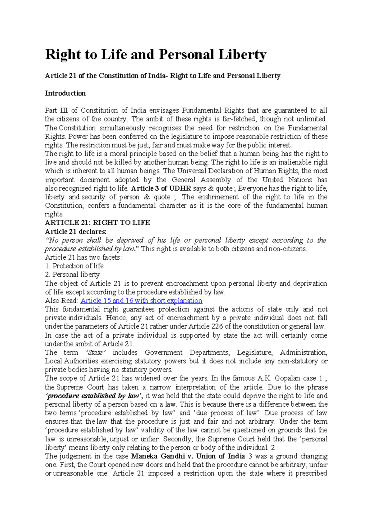 Article 21 - Right to Life and Personal Liberty Article 21 of the ...