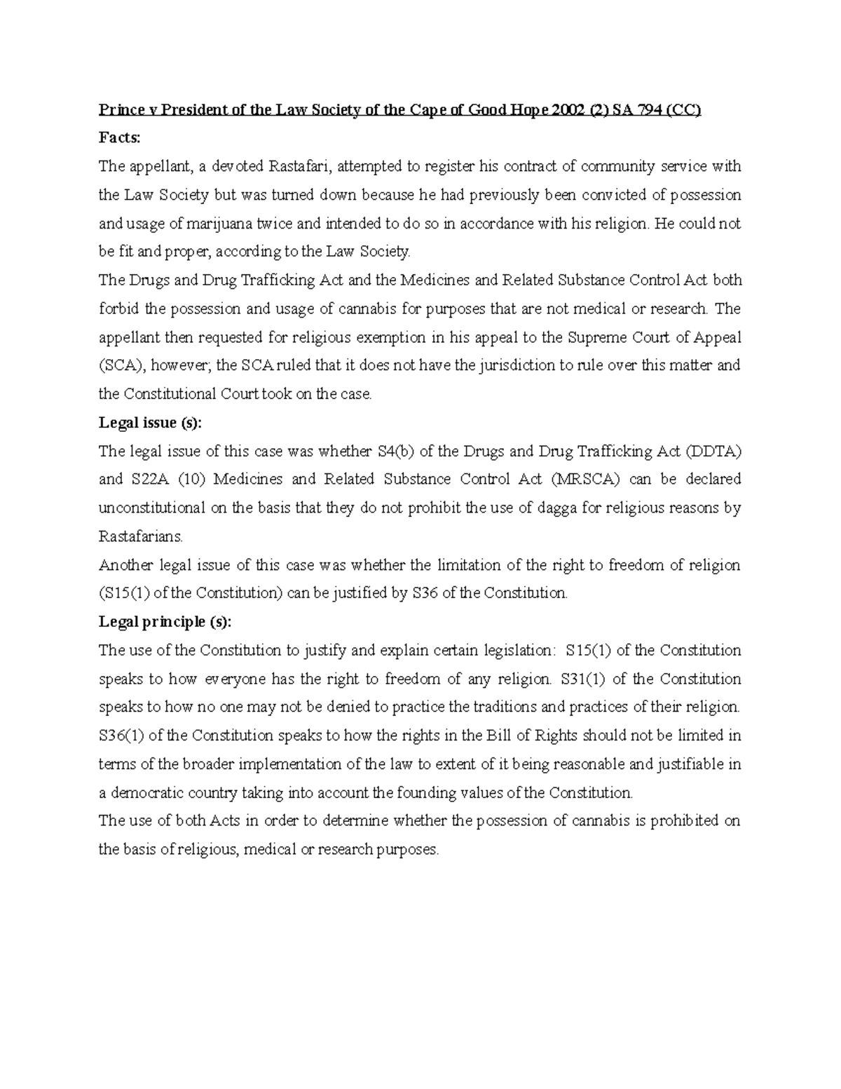 Prince 2002 and Prince 2018 summary - Prince v President of the Law ...