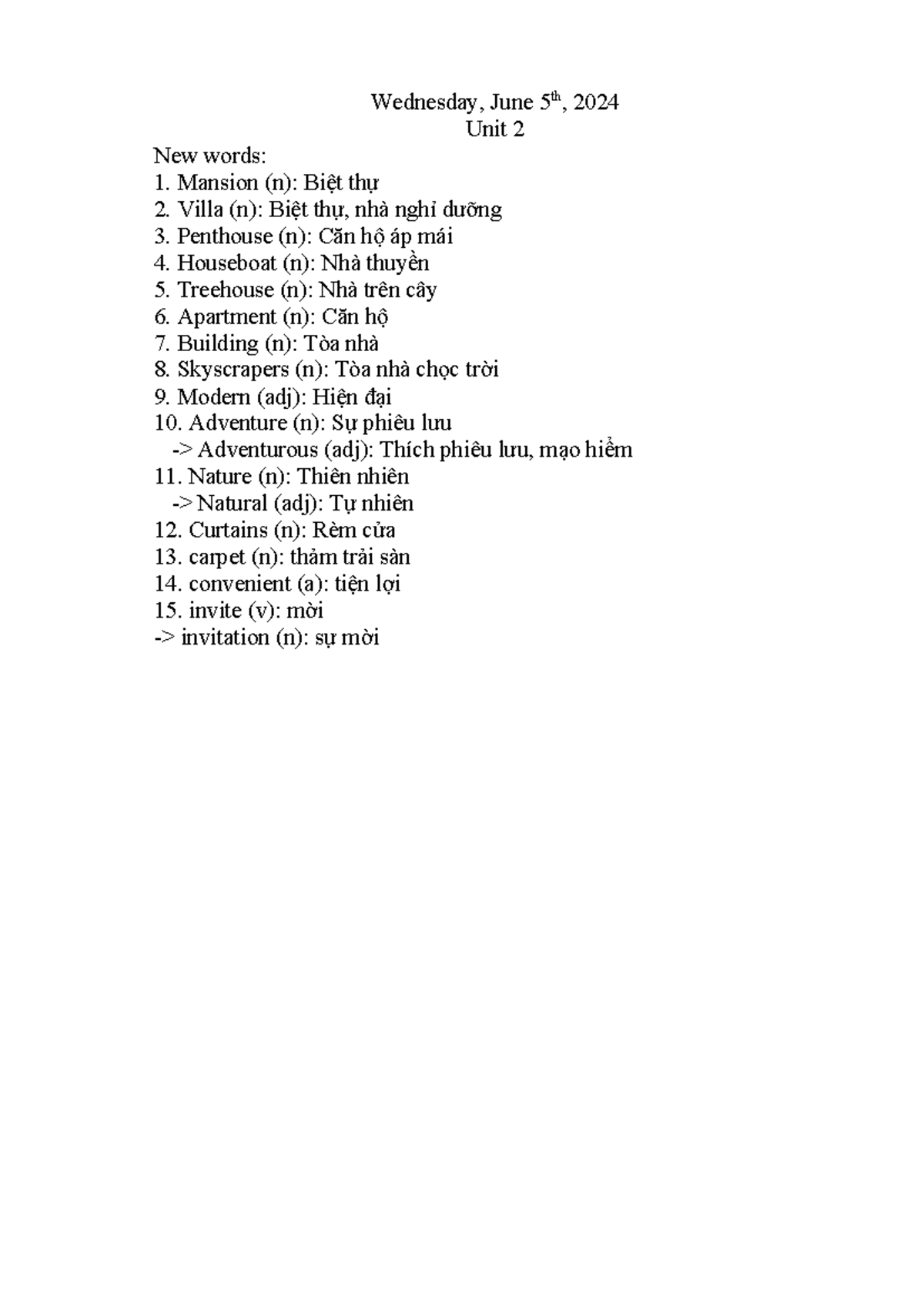 New words unit2 - Wednesday, June 5 th , 2024 Unit 2 New words: Mansion (n): Biệt thự Villa (n ...